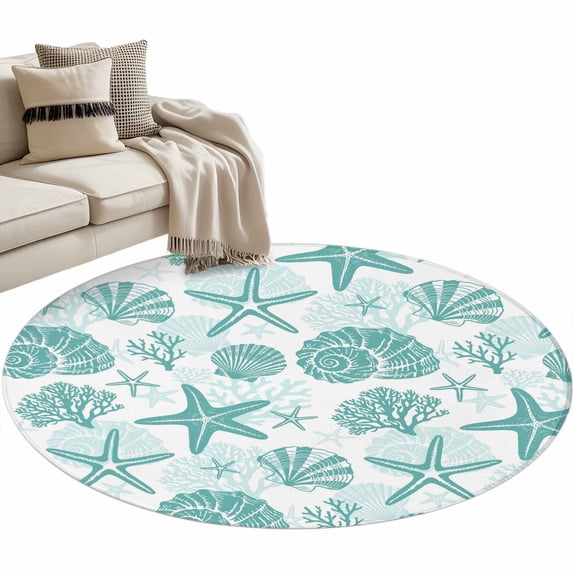 Teal Coastal Summer Round Rug 4ft Washable Circle Entryway Rugs Non ...