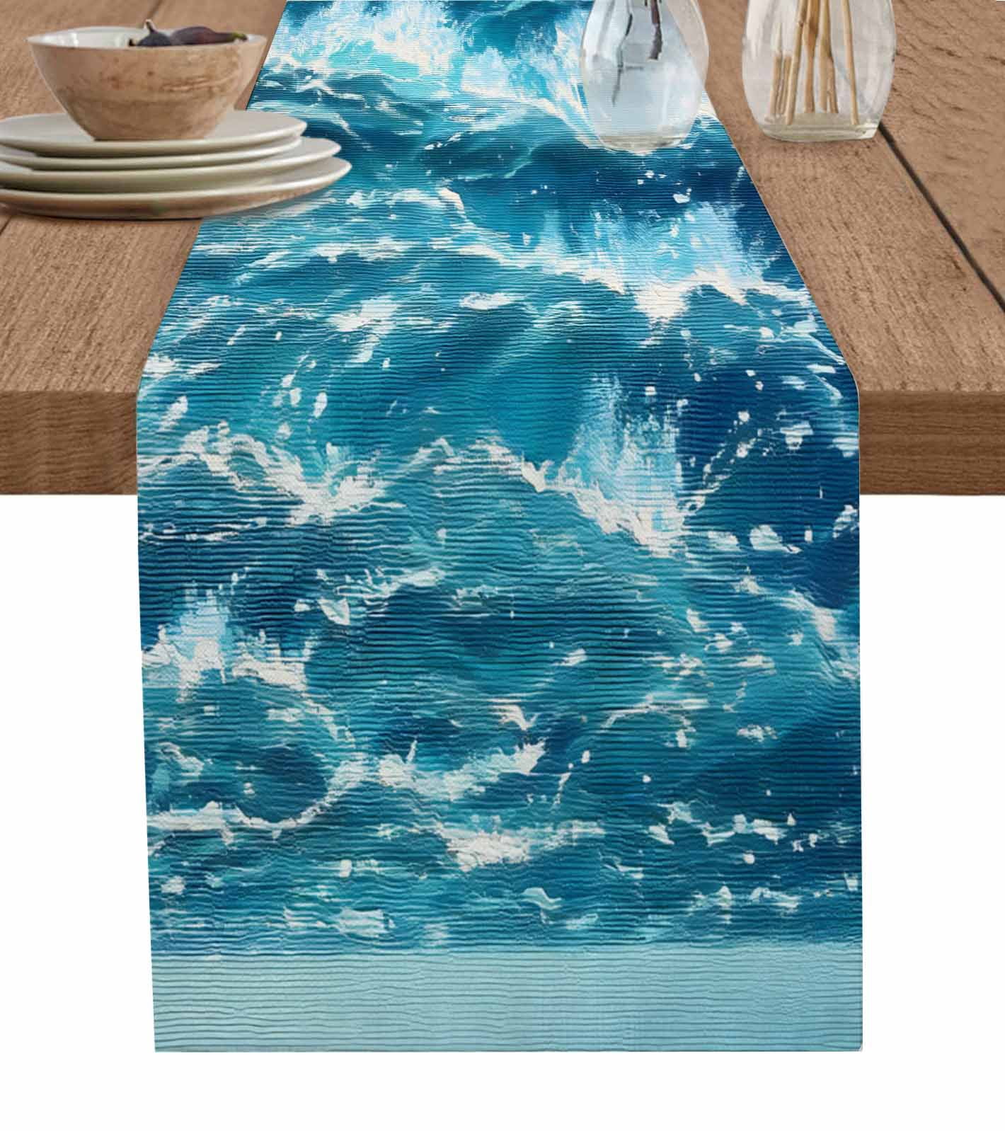 Teal Coastal Table Runner 90 Inches, Sea Nautical Ocean Summer Beach ...