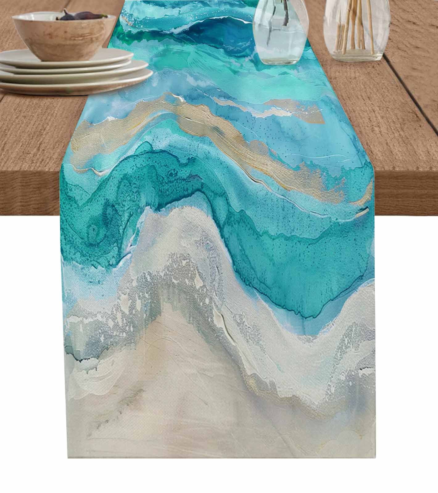 Teal Coastal Table Runner Summer Beach Nautical Abstract Art ...