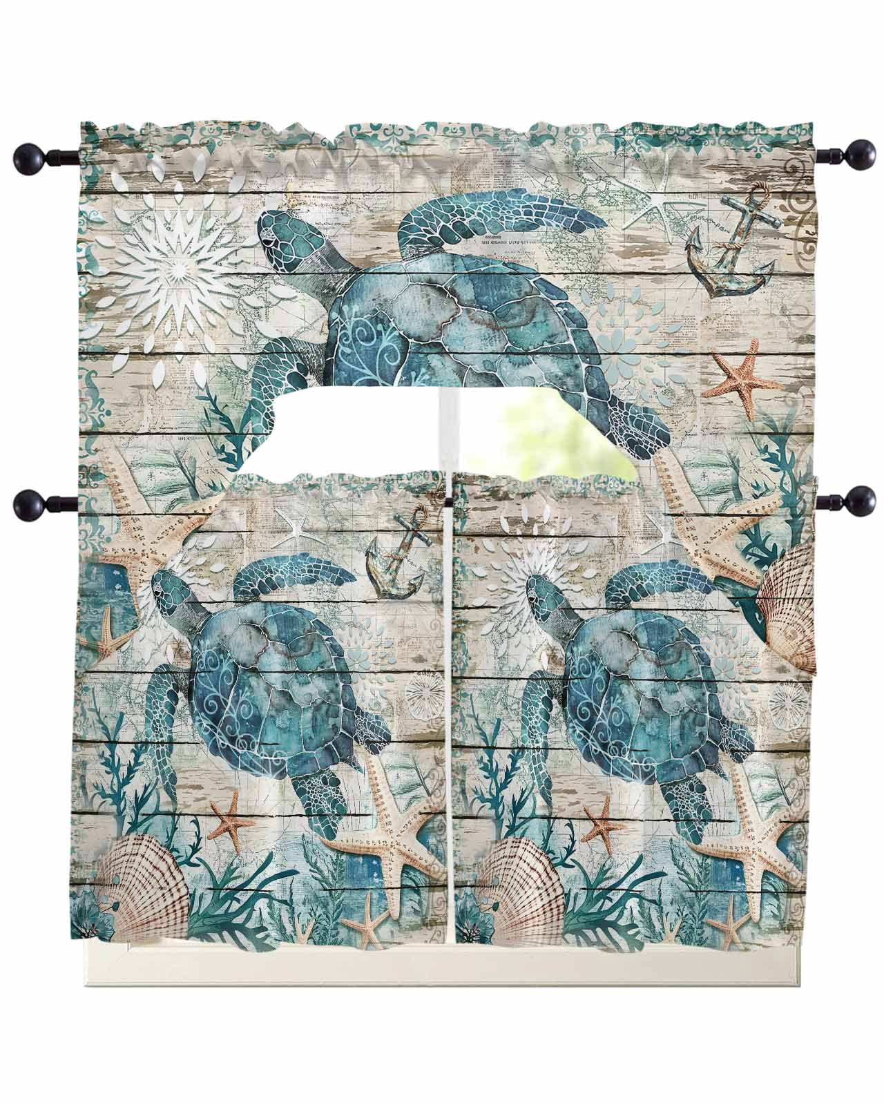 Teal Coastal Turtle Kitchen Curtains Sets 24 Inch Length with Valance ...