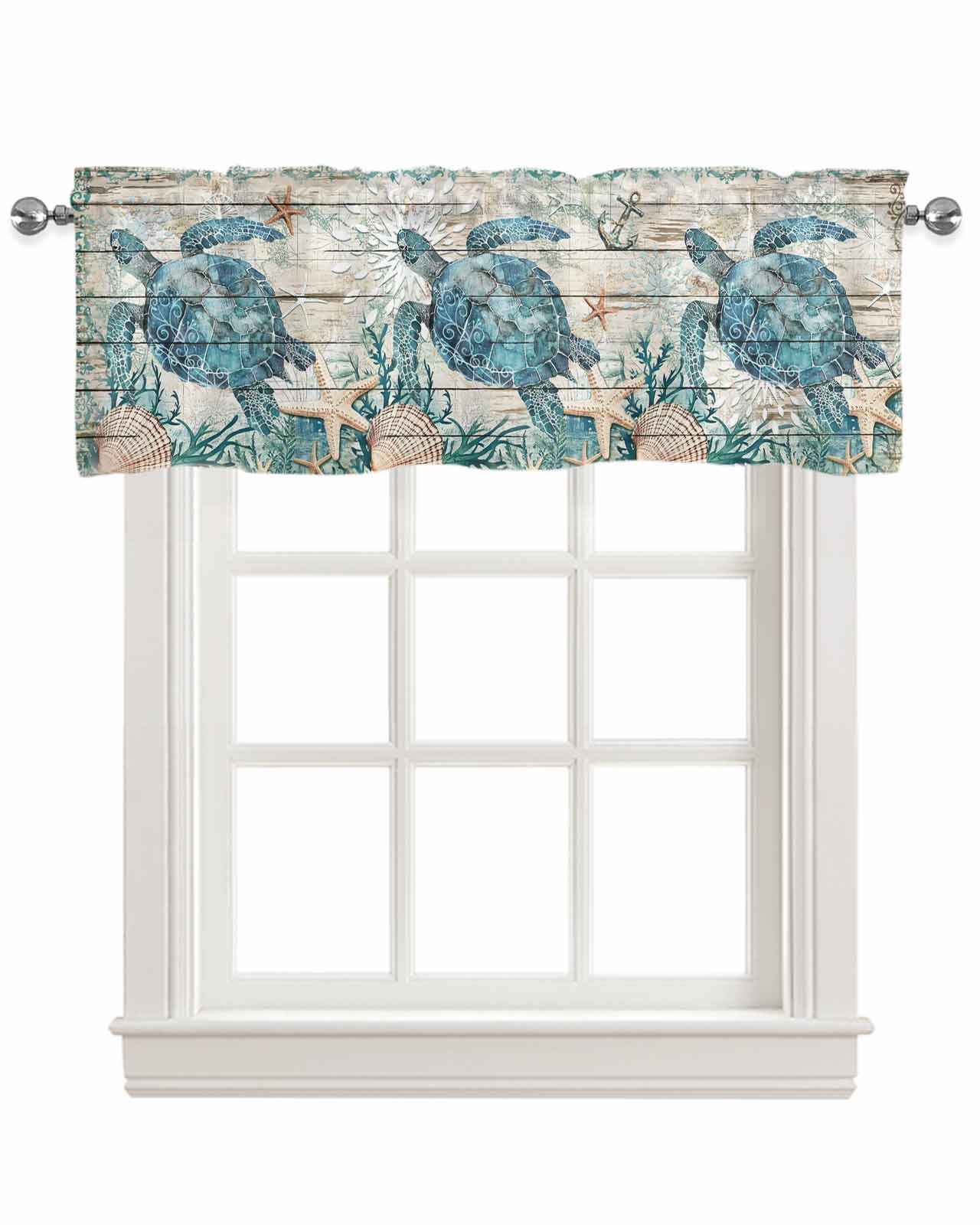 Teal Coastal Turtle Kitchen Valances for Windows Farmhouse Linen Window ...