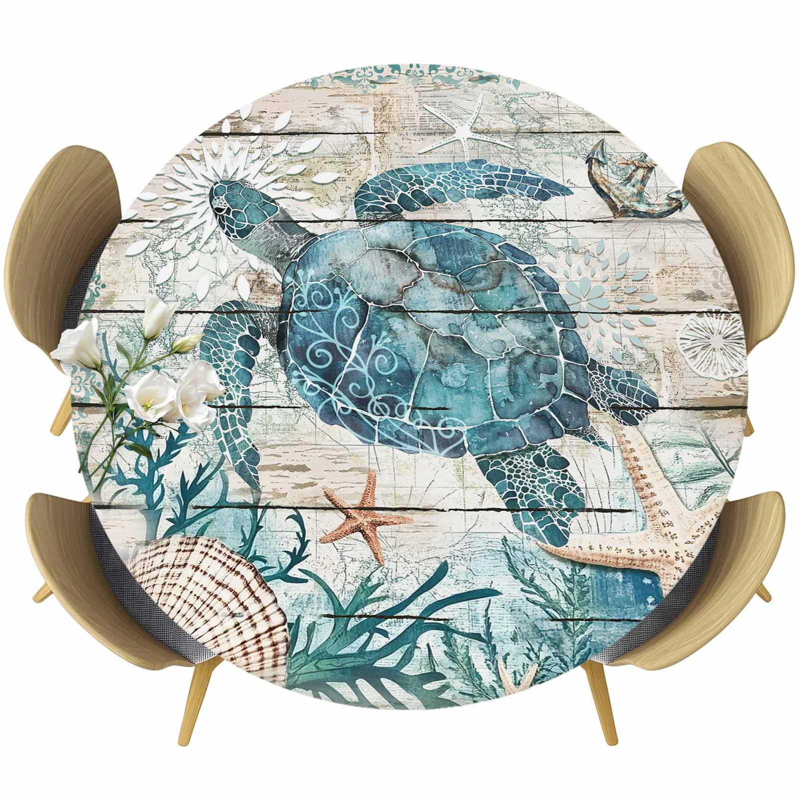 Teal Coastal Turtle Round Tablecloth 36-44 Inch Round Fitted Table ...
