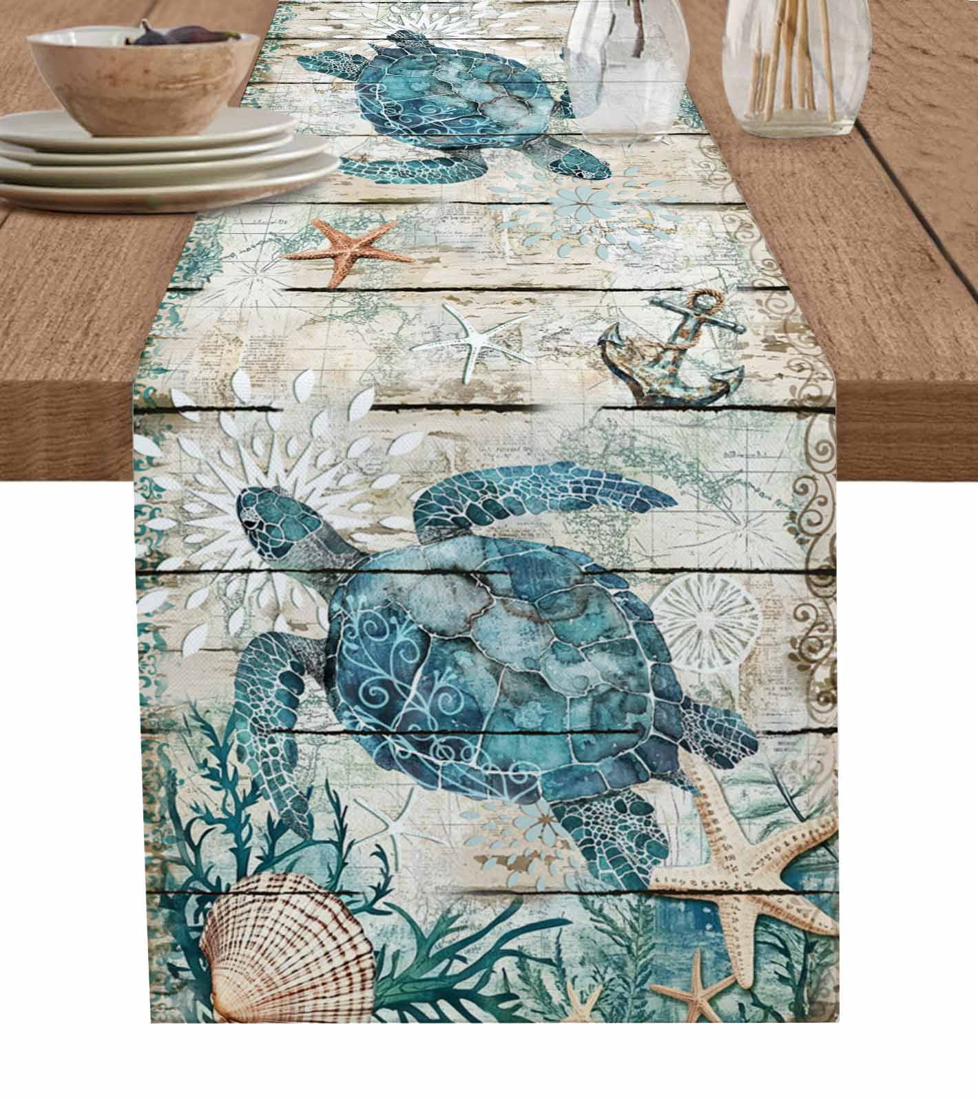 Teal Coastal Turtle Table Runner 120 Inches, Ocean Coral Nautical ...