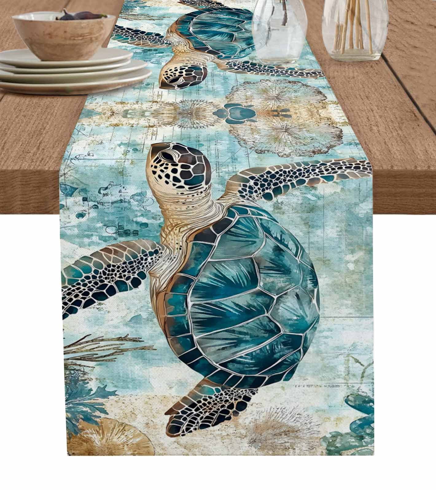 Teal Coastal Turtle Table Runner 90 Inches, Vintage Watercolor Marine ...