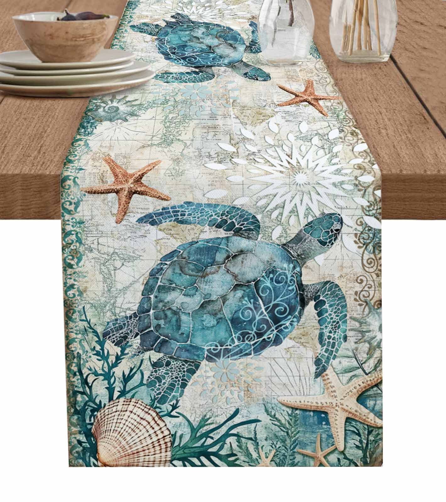 Teal Coastal Turtle Table Runner Vintage Summer Beach Nautical Coral ...