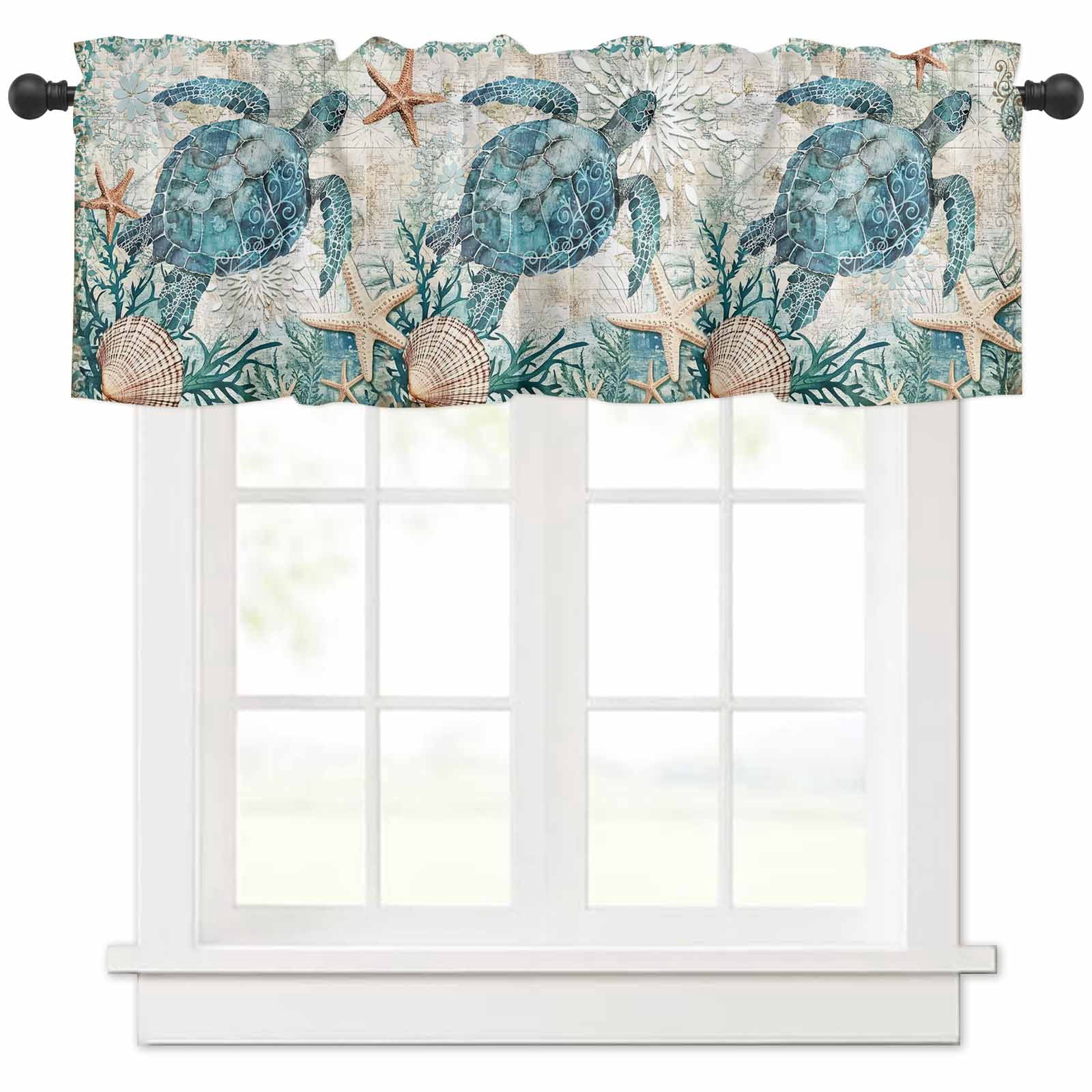 Teal Coastal Turtle Valances for Windows Farmhouse Kitchen Curtains ...
