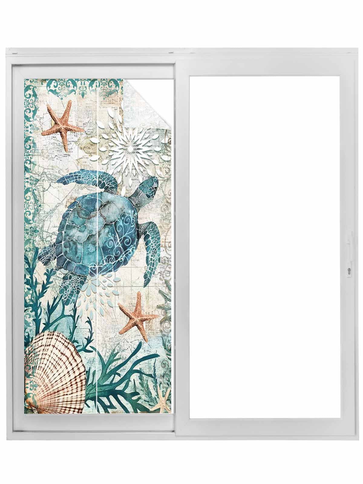 Teal Coastal Turtle Window Privacy Film Stained Glass Window Film ...