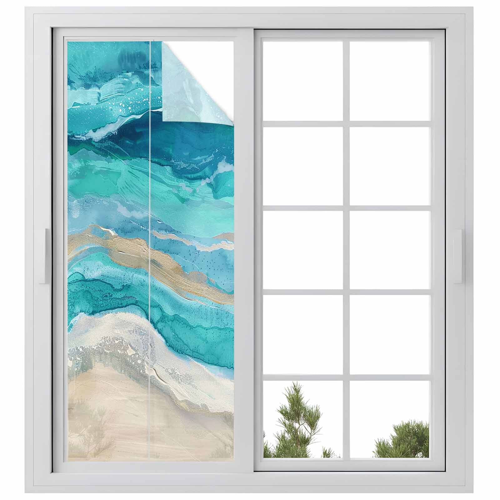 Teal Coastal Window Privacy Film, Summer Beach Nautical Abstract Art ...