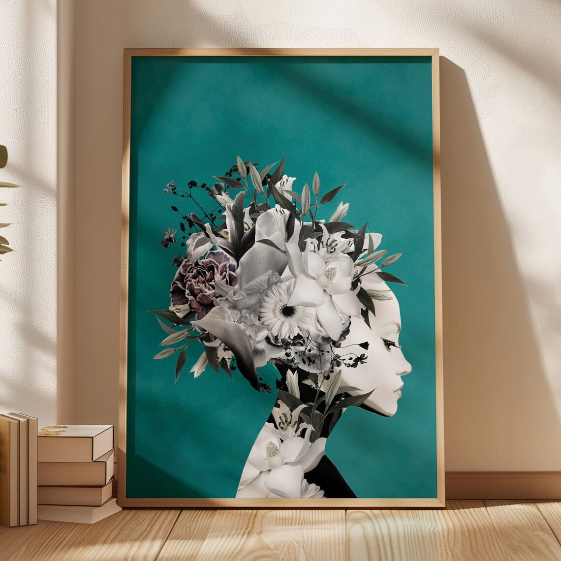 Teal Colourful Wall Art, Flower Head Woman, Botanical Print, Floral ...