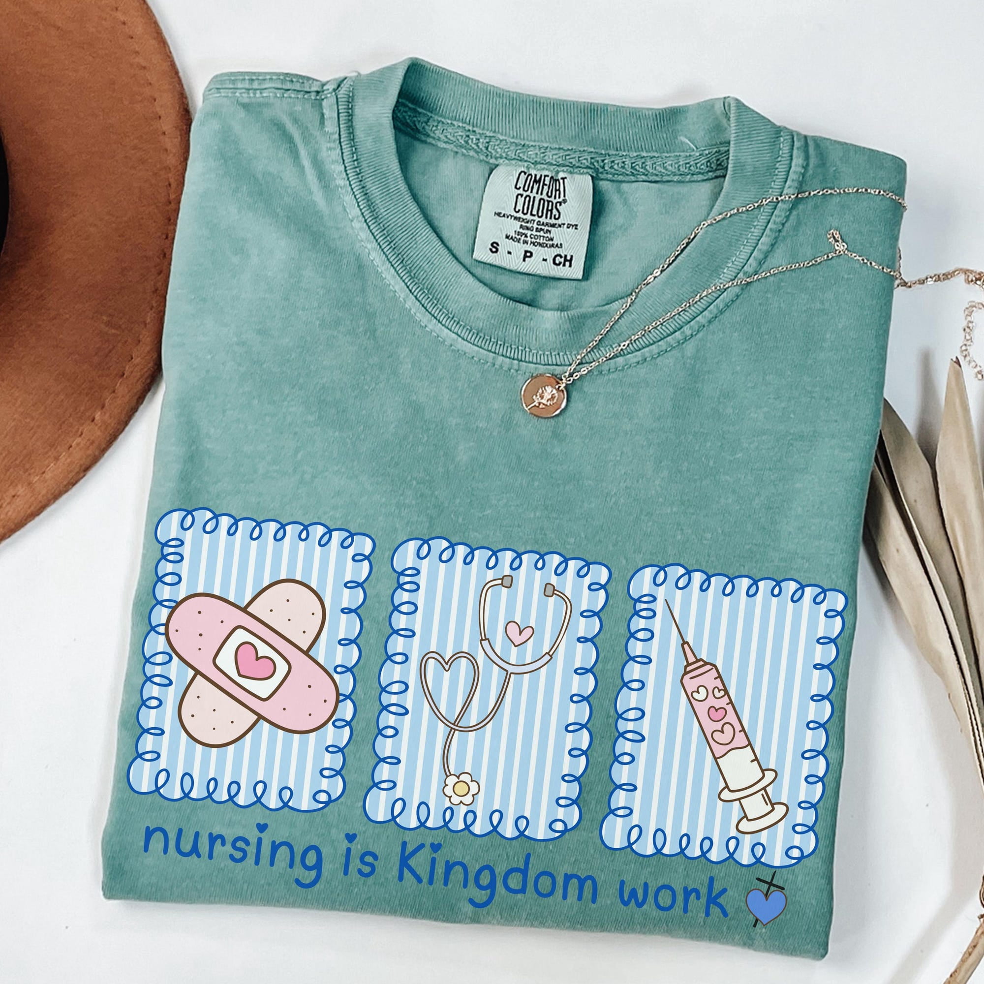 Teal Comfort Colors T-Shirt with Nursing Graphic, Bandage, Stethoscope ...