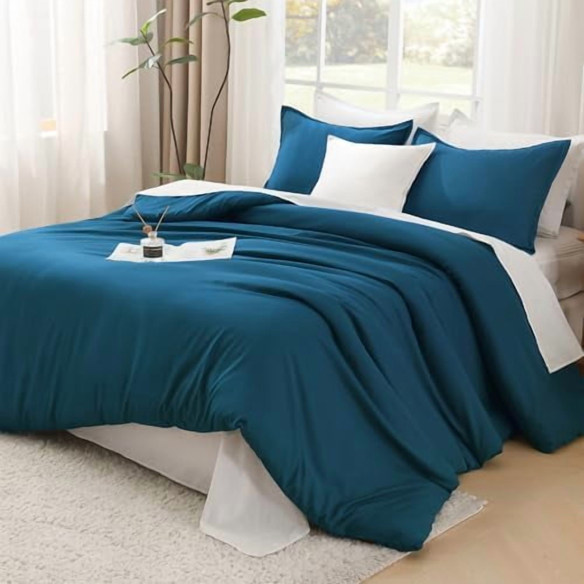 Teal Comforter Full Size, 3 Pieces Turquoise Lightweight Solid Bedding ...