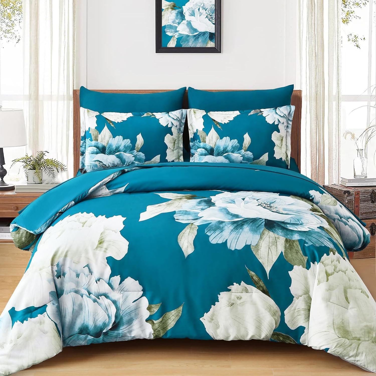 Teal Comforter Set King 7 Piece Bed in a Bag, Teal Blue Floral Printed Comforter Set with Sheets ...