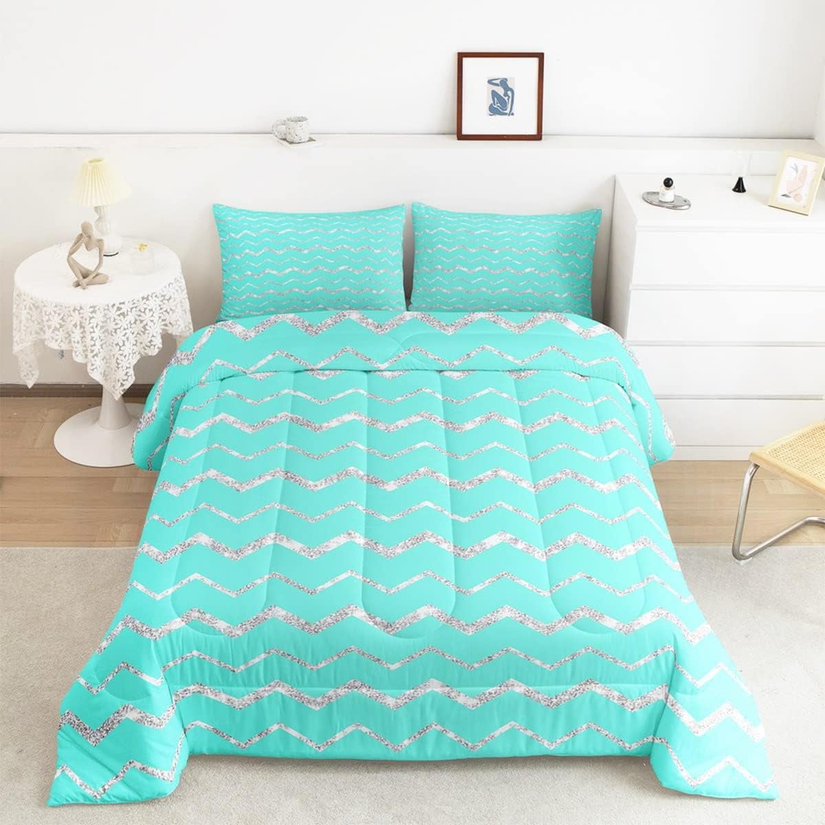 Teal Comforter Set Queen Size for Teen Women, Cute Aqua Turquoise ...