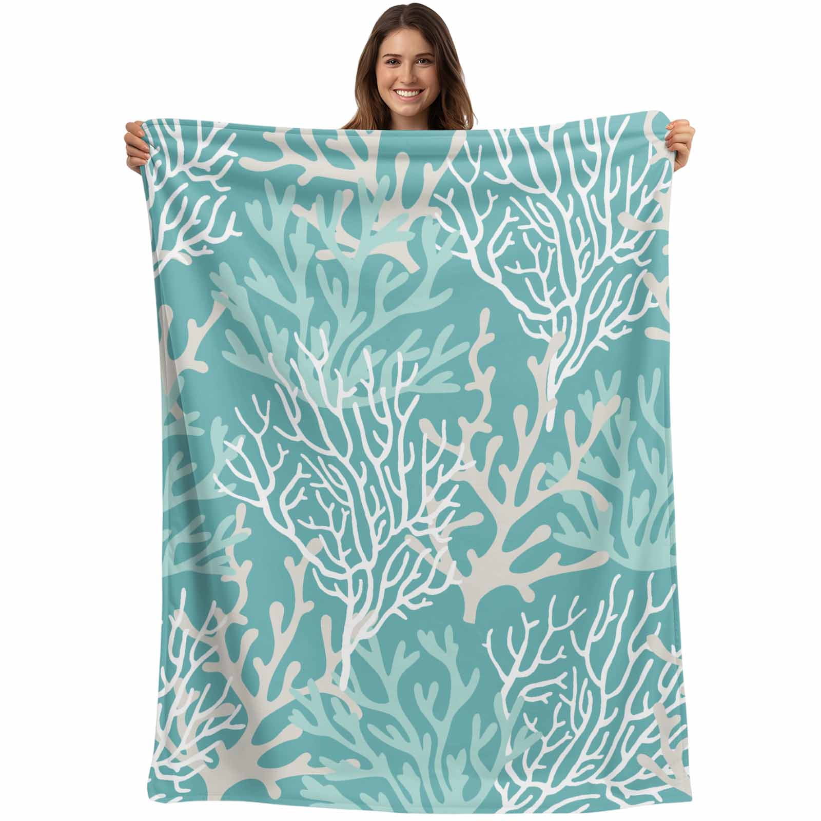 Teal Coral Coastal Flannel Throw Blanket for Couch,Lightweight Fleece ...