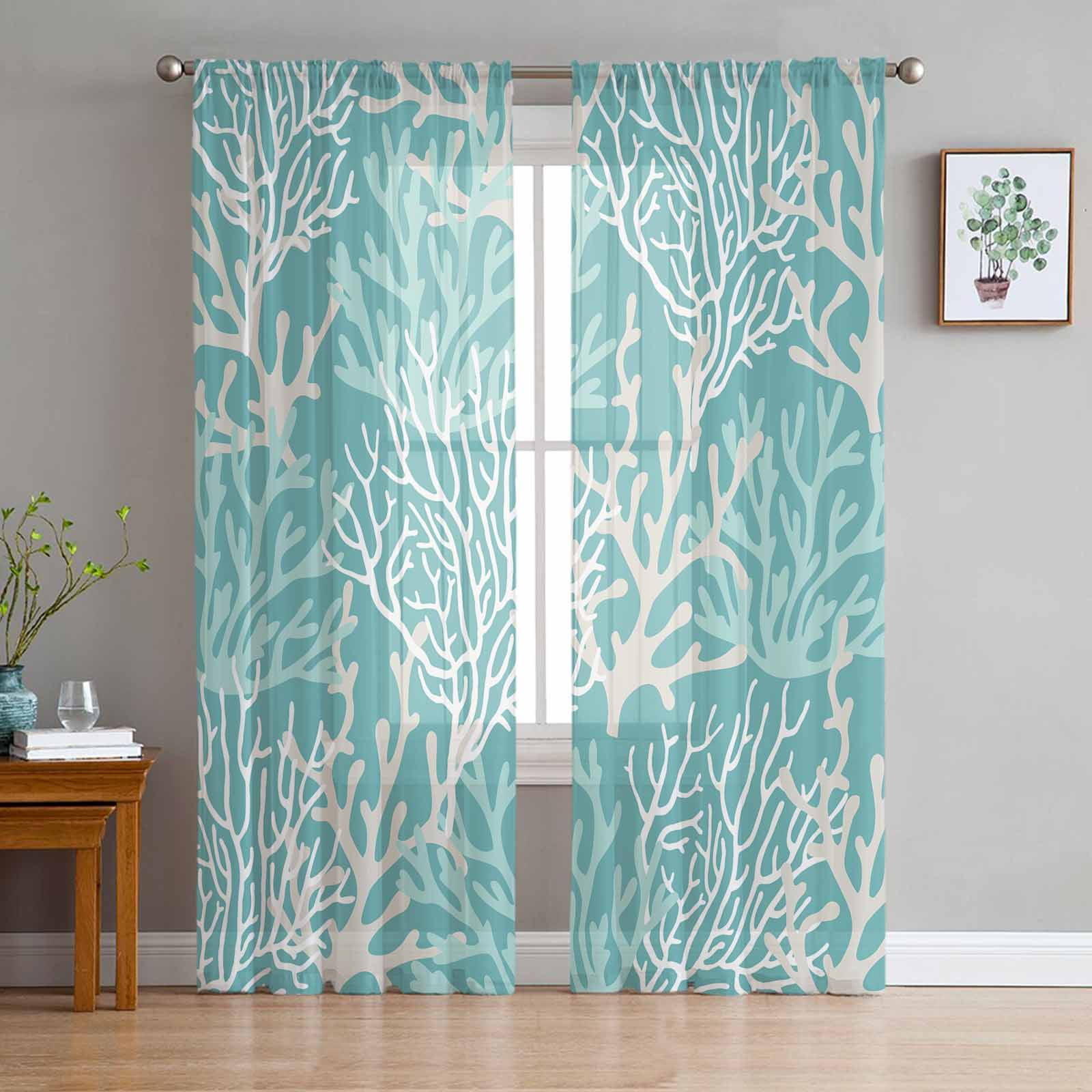 Teal Coral Coastal Semi Sheer Curtains 84 Inch Length 2 Panels Set ...
