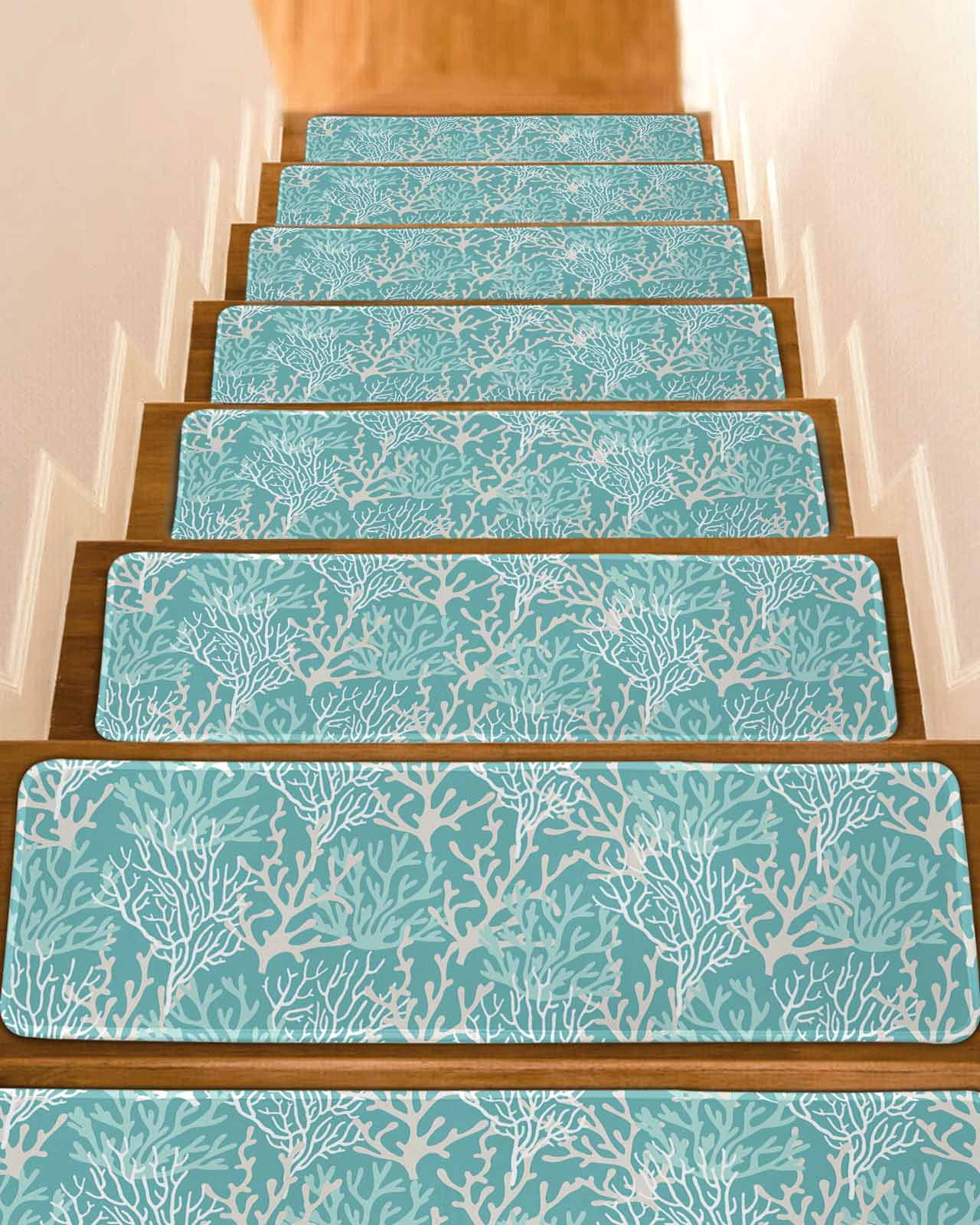 Teal Coral Coastal Stair Treads for Wooden Steps Indoor Runner Rug ...