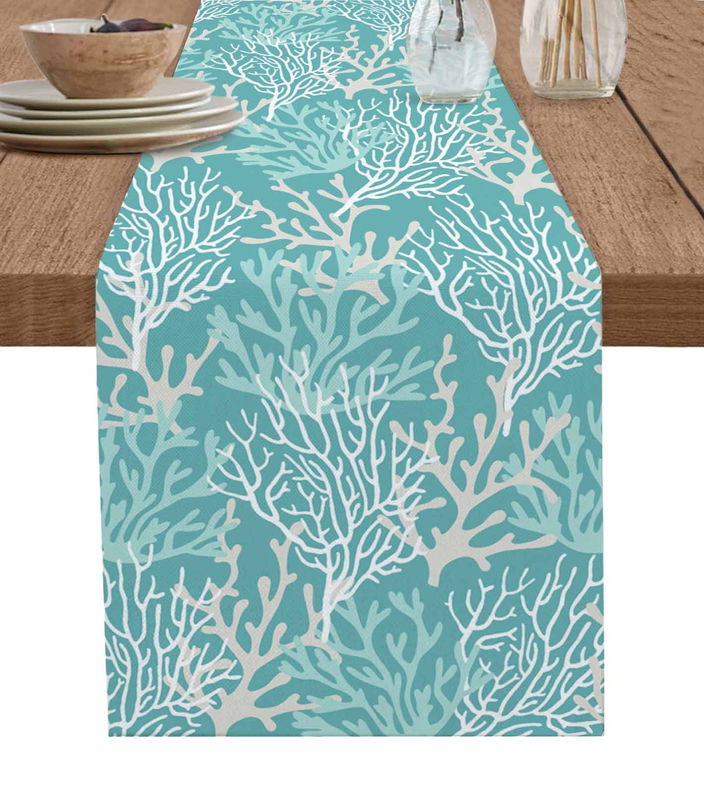 Teal Coral Coastal Table Runner Ocean Nautical Seaside Beach ...