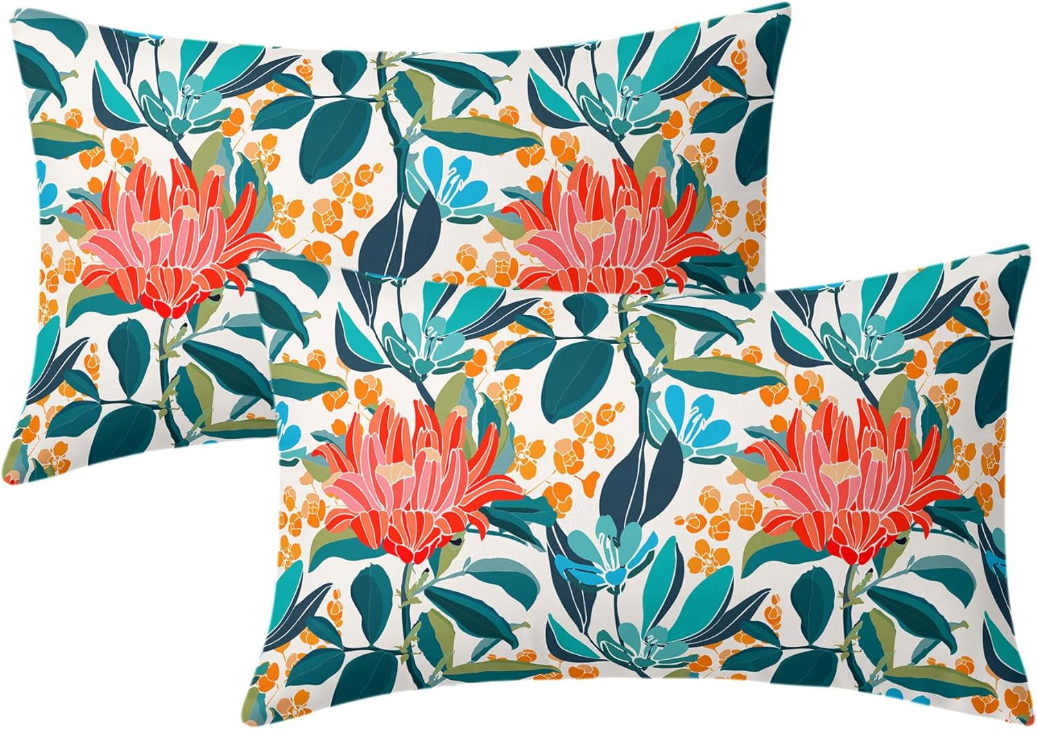 Teal Coral Floral Lumbar Pillow Covers 12X20 Inch Turquoise Green ...
