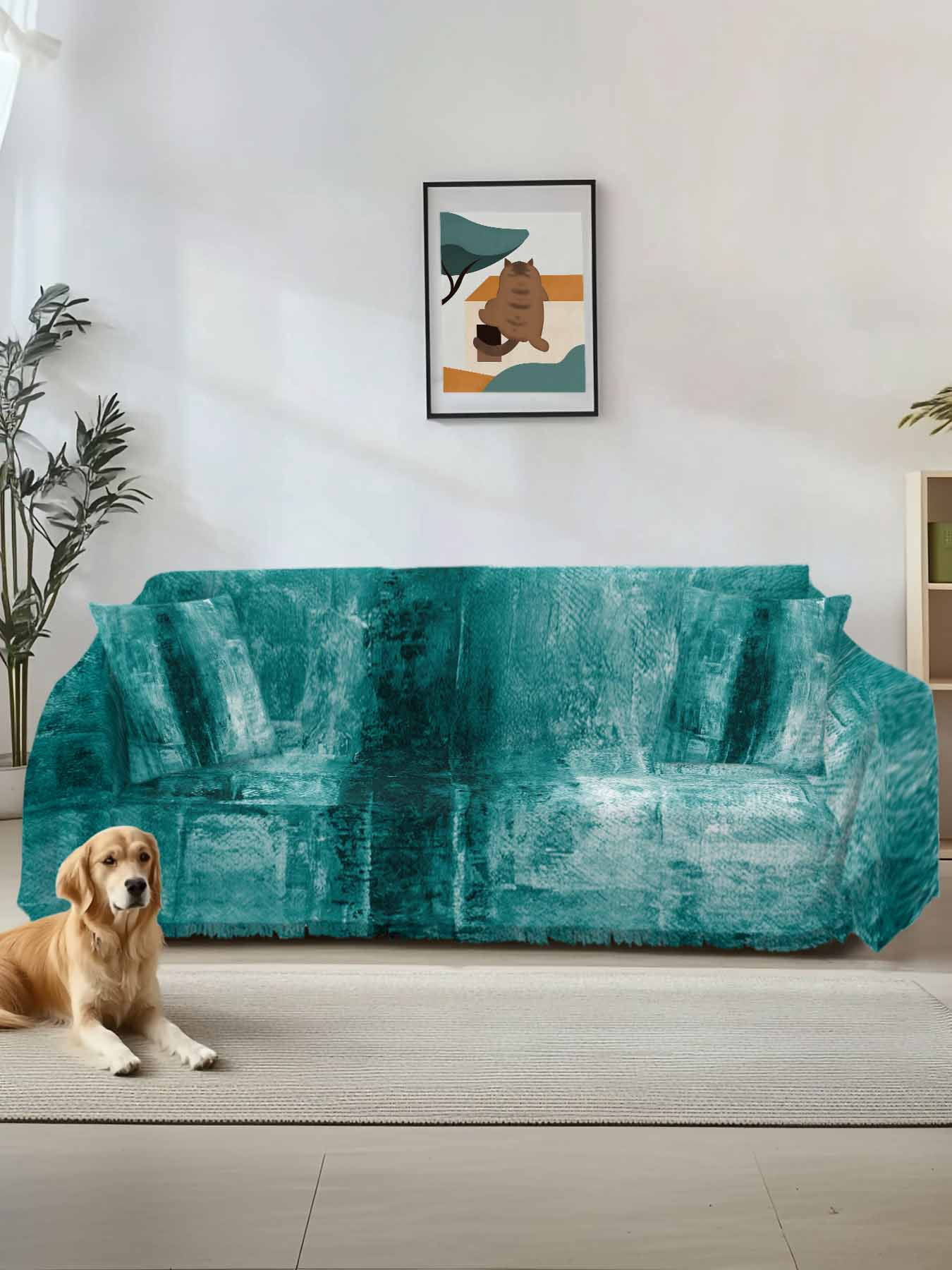 Teal Couch Cover for 2 Cushion Sofa, Retro Oil Painting Modern Abstract ...