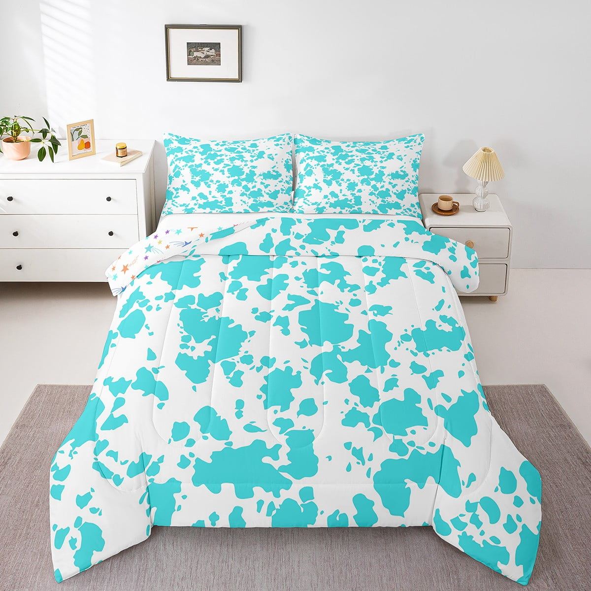 Teal Cowhide Comforter Set Cartoon Cow Print Bed Set,Milk Cow Farm ...