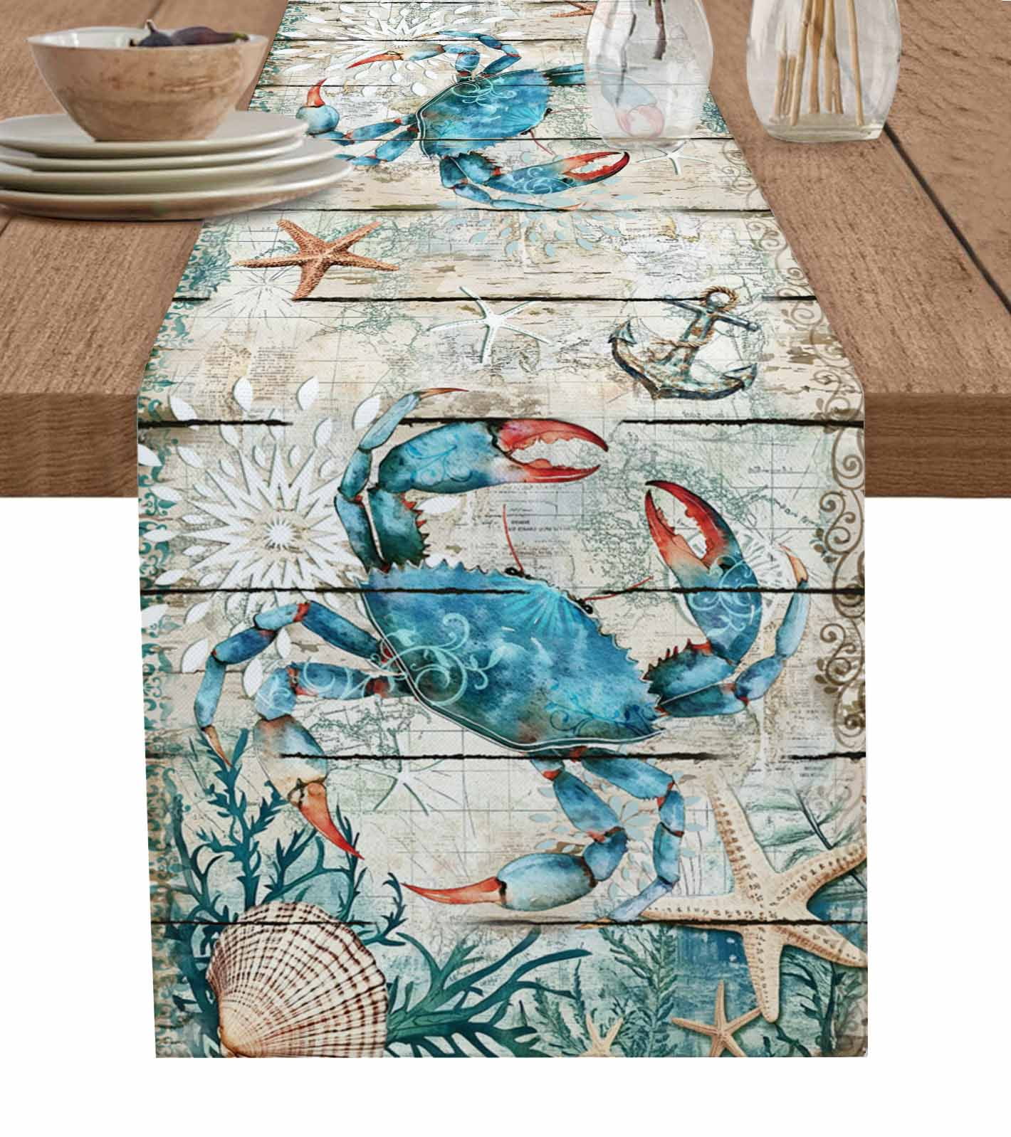 Teal Crab Coastal Table Runner 72 Inches, Summer Beach Nautical ...