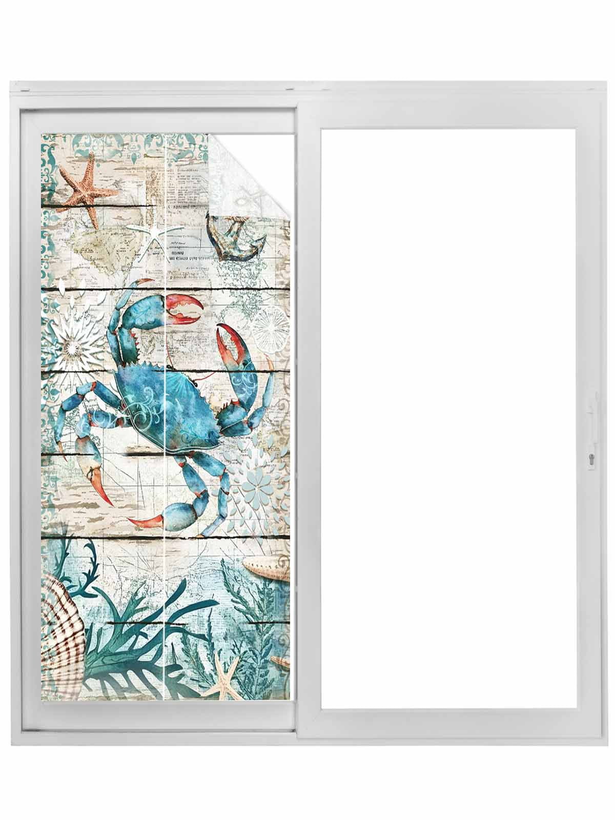 Teal Crab Coastal Window Privacy Film, Summer Beach Nautical Starfish ...