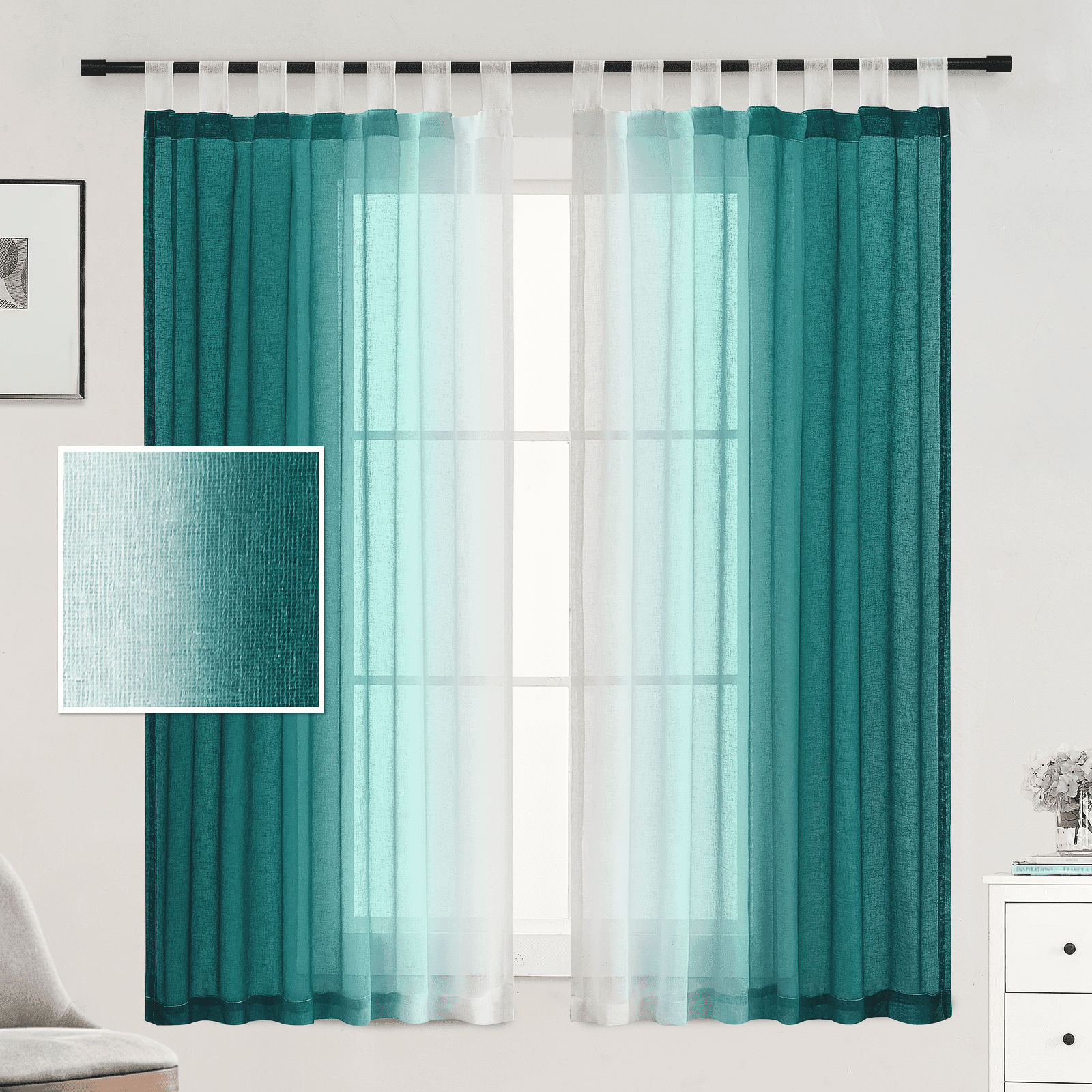Teal Curtains 84 inch Long Ombre Sheer Curtains Semi Gradient Tab Top ...