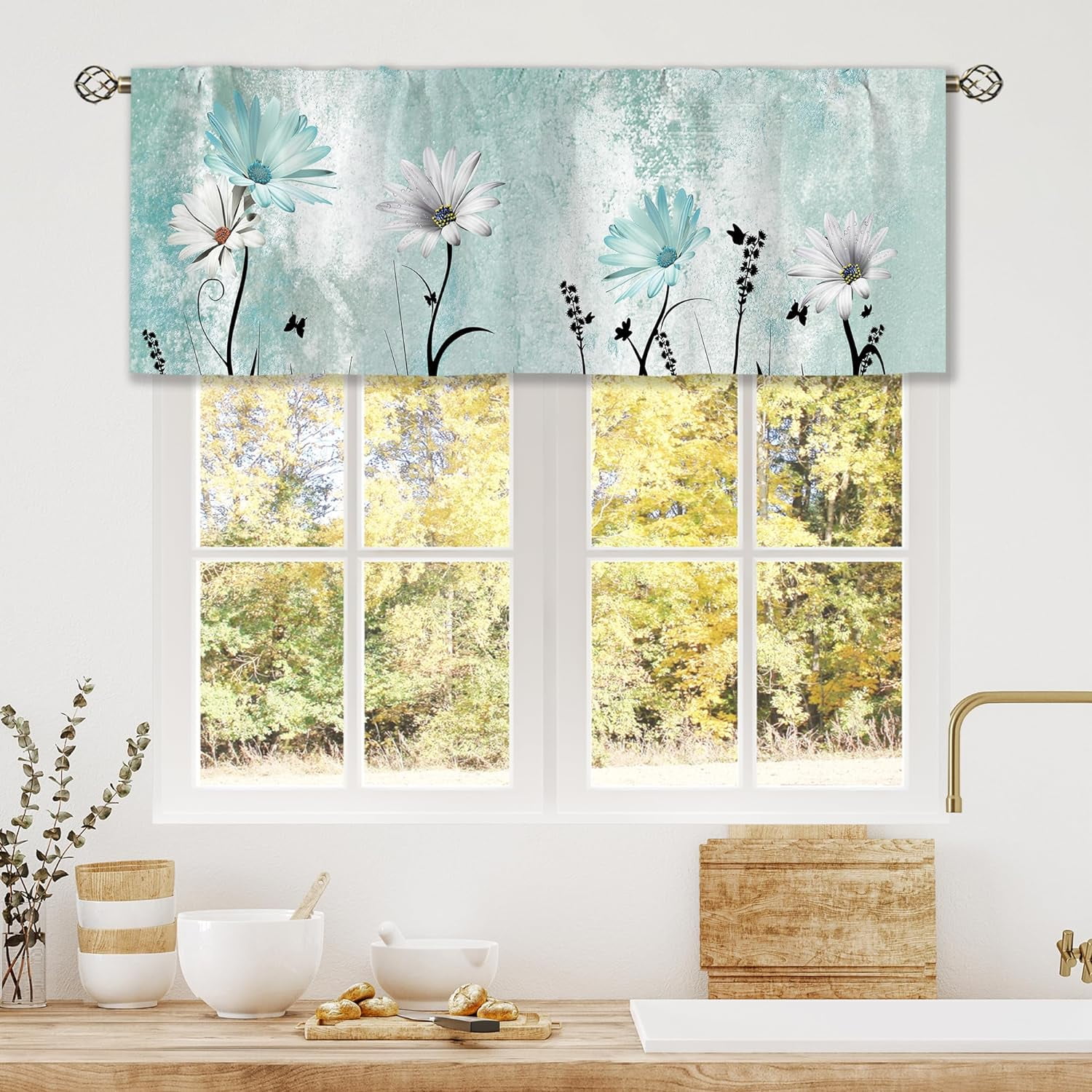 Teal Daisy Curtain Valance for Window Treatments Farmhouse Flower ...