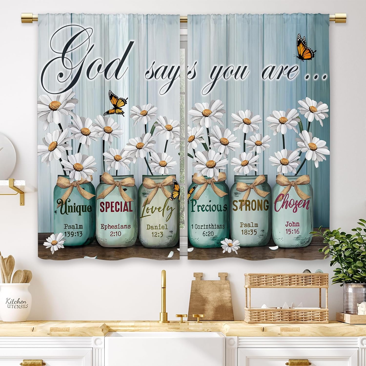 Teal Daisy Farmhouse Floral Kitchen Curtains Rustic Flower Small Short ...