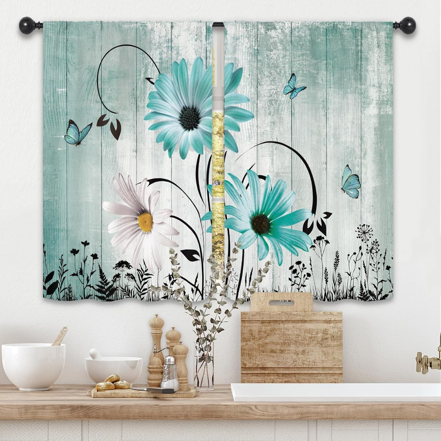 Teal Daisy Rustic Kitchen Curtains 27.5W x 39L Inch Farmhouse Vintage ...