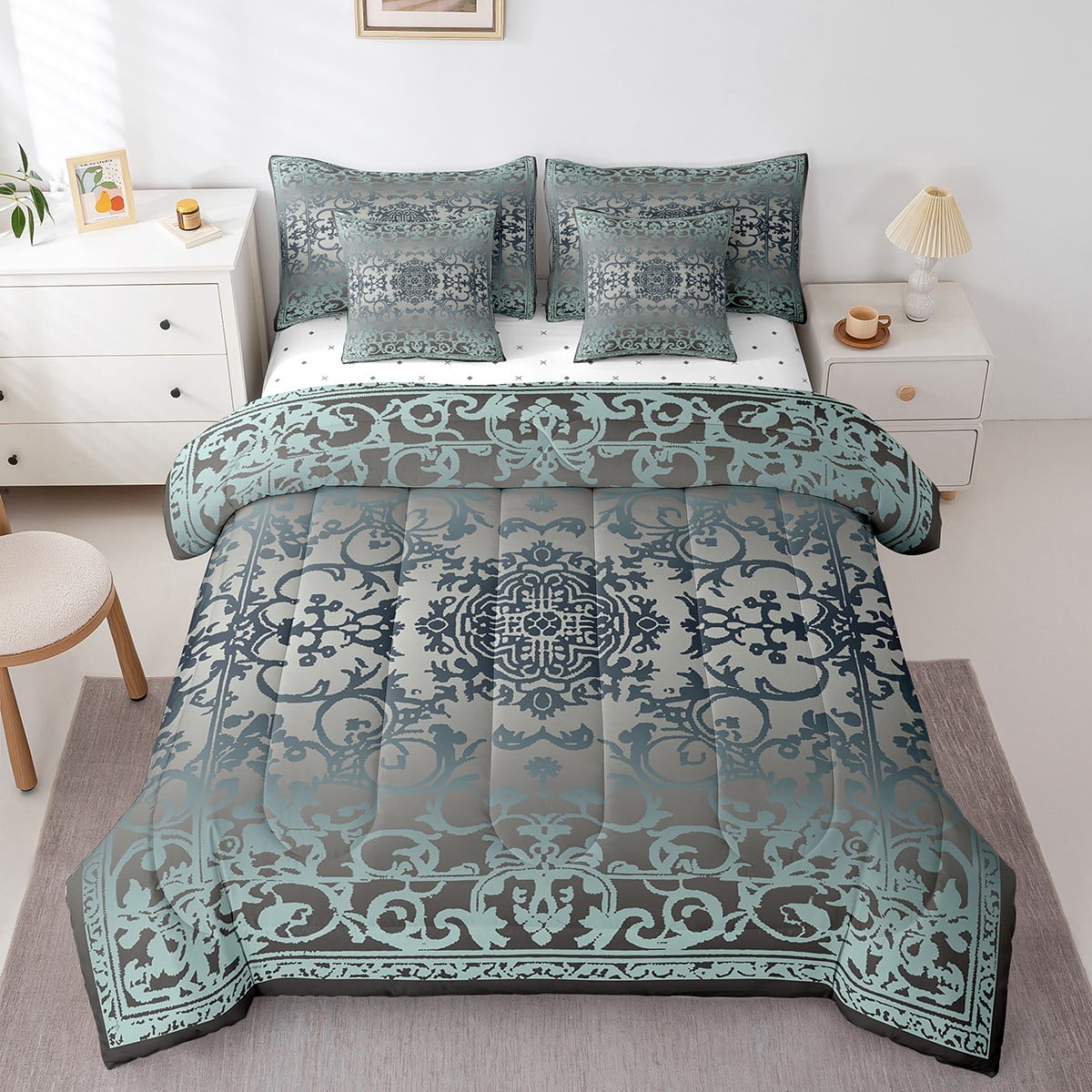 Teal Damask Comforter Set 7 Piece Bed in a Bag Twin Gothic Bedding Sets ...