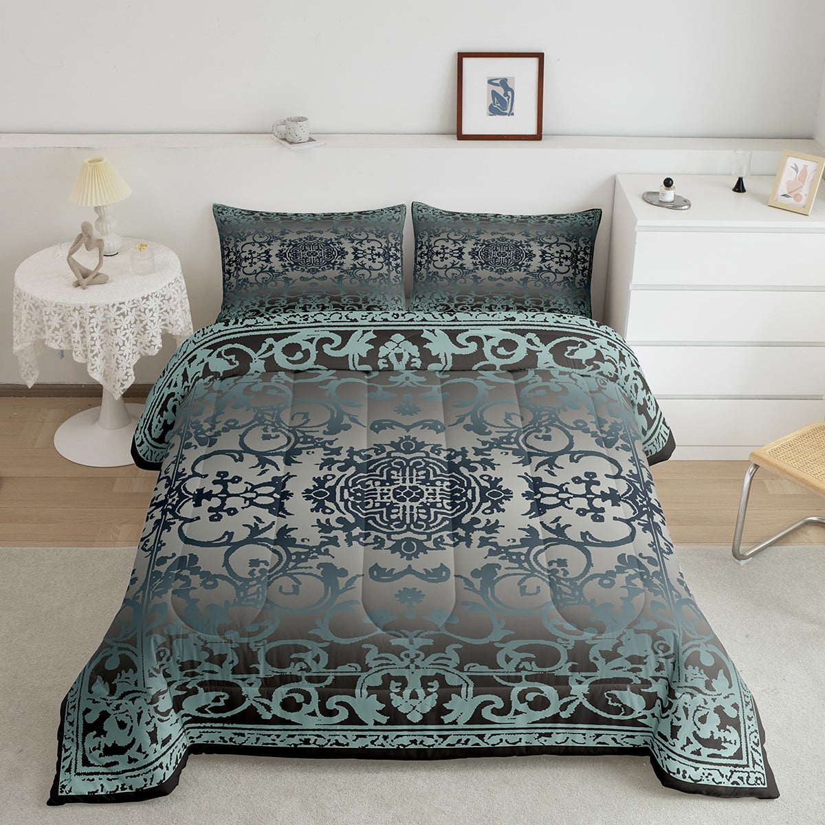 Teal Damask Comforter Set Gothic Queen Bedding Sets,Victorian Quilt ...