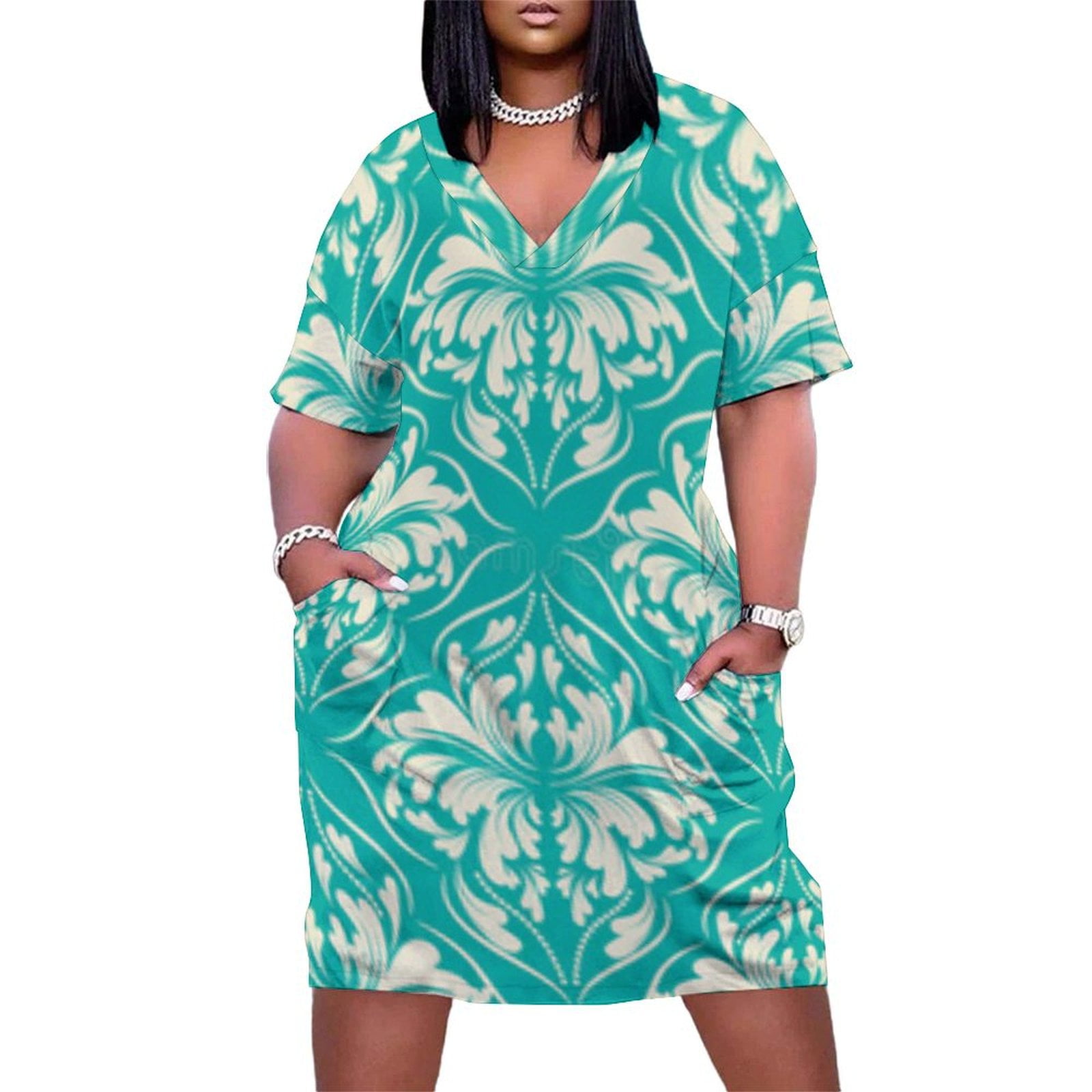 Teal Damask Floral Seamless Pattern Summer Dresses for Women Beach Boho ...