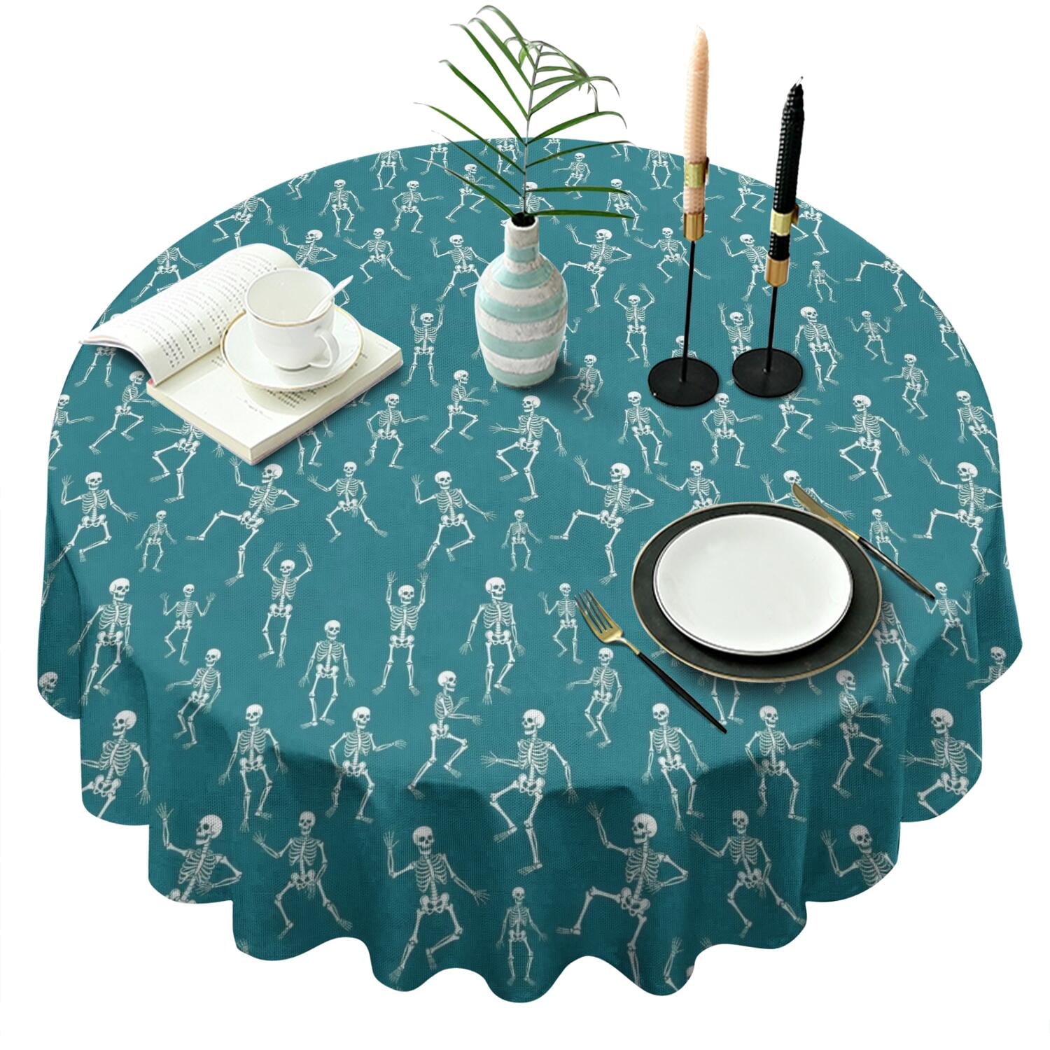 Teal Dancing Skeleton Pattern Round Tablecloth 60"x60",Wrinkle Wipeable ...