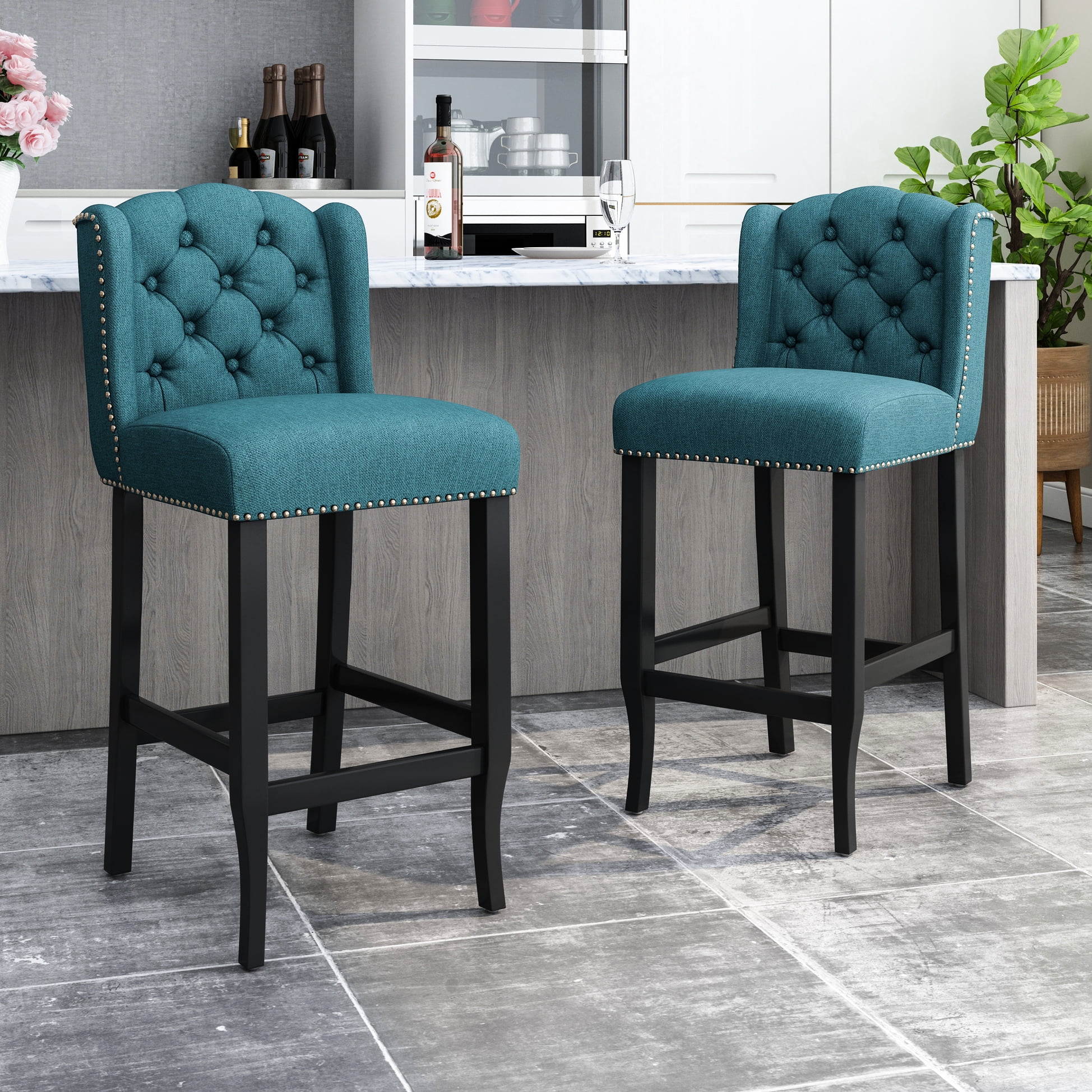 Teal & Dark Brown Counter Stools (2). Button Wingback Luxury, Nailhead ...