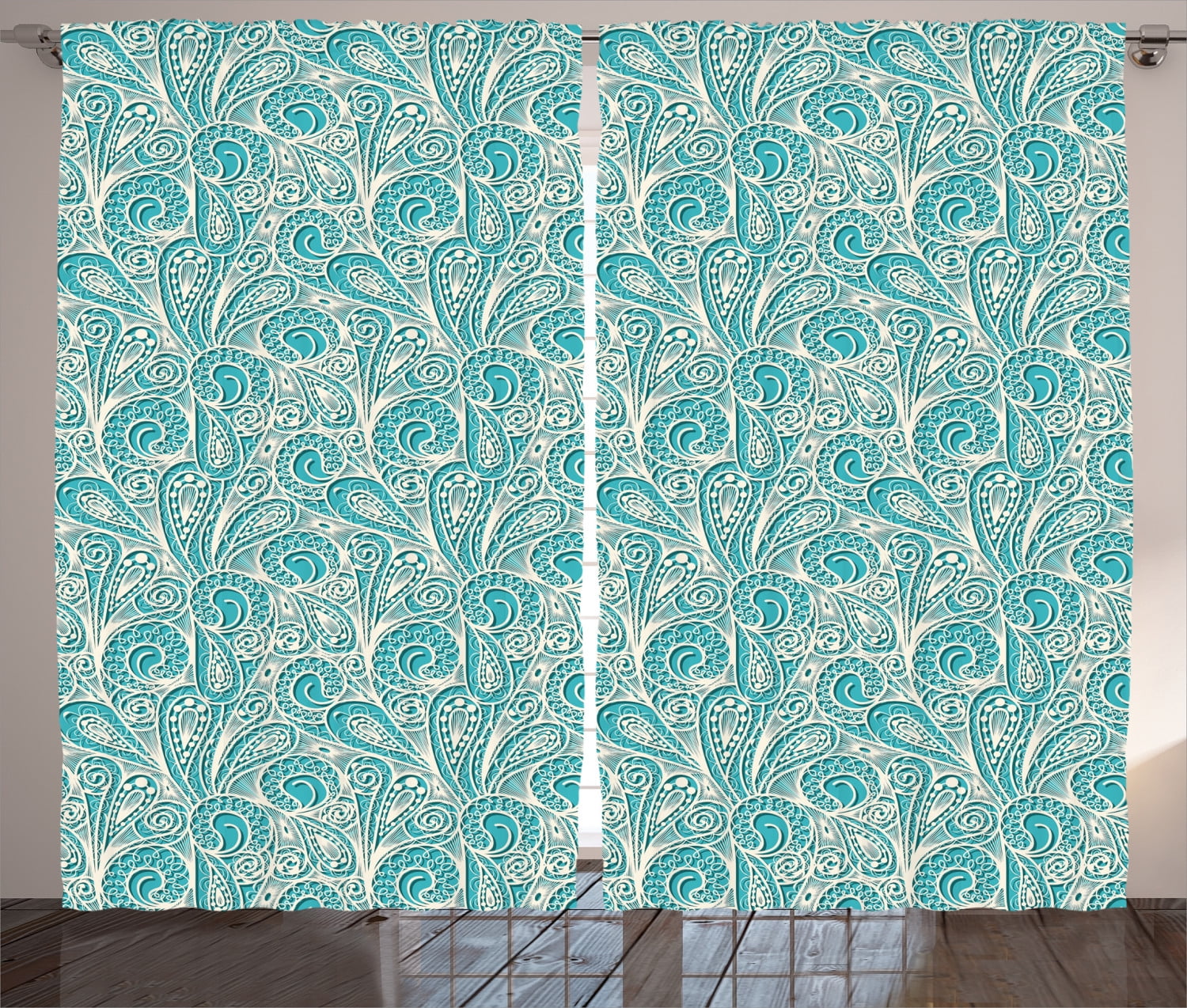 Ambesonne Teal Curtains 2 Panel Set, Romantic Lace Pattern, 108" x 90 ...