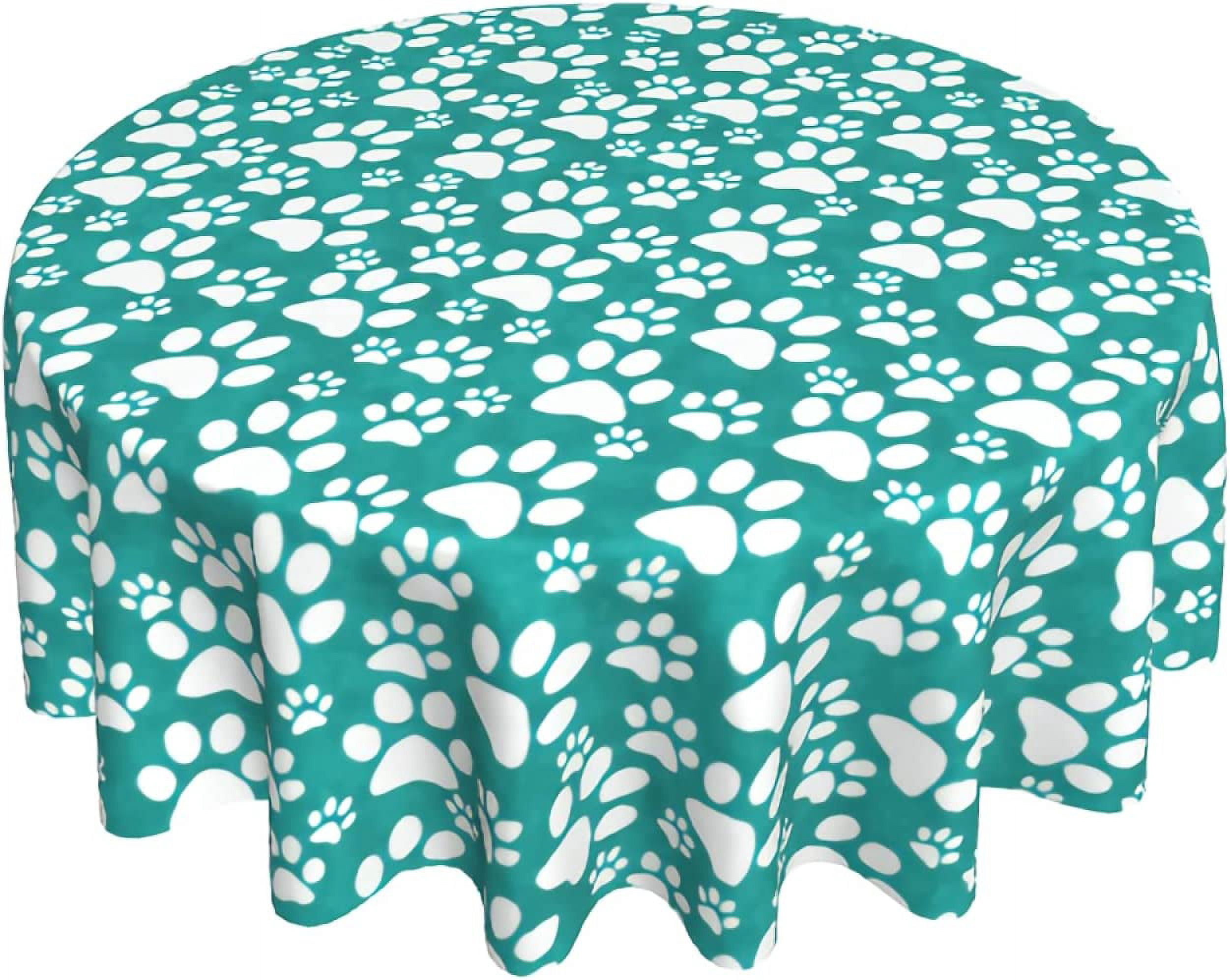 Teal Dog Paw Print Table Cloth,Green Doodle Paw Round Tablecloth 60 ...