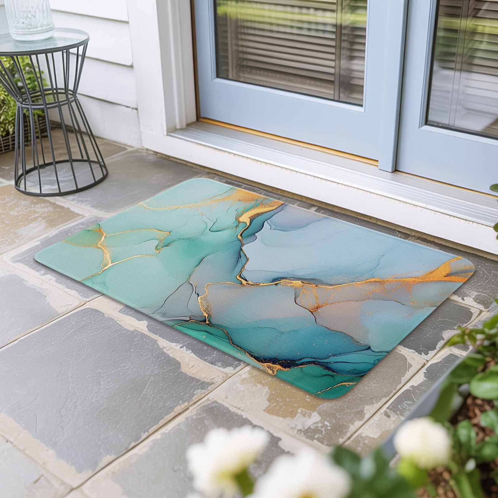 Teal Door Mat Indoor Outdoor, Modern Marble Ink Painting Abstract Art ...