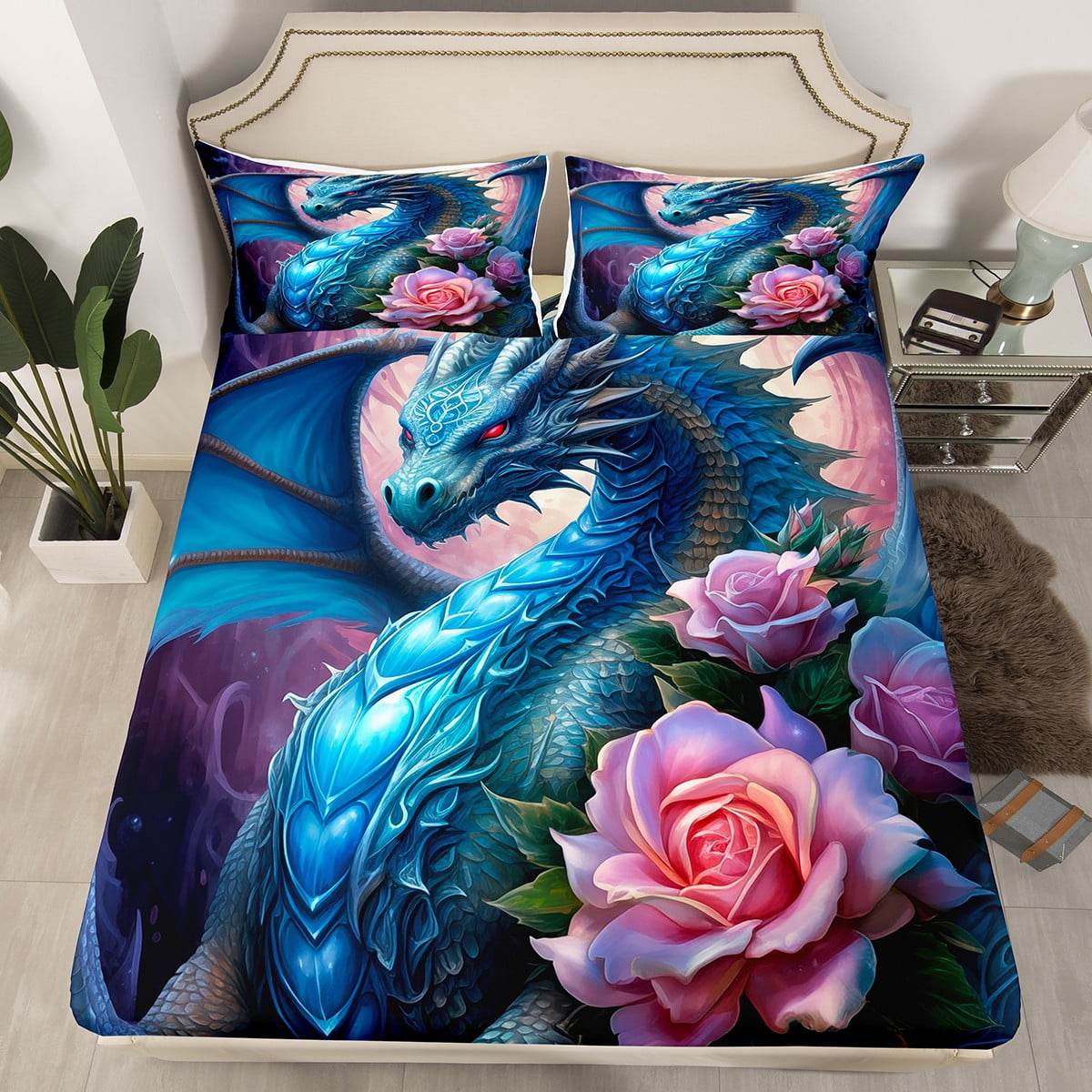 Teal Dragon Fitted Sheet Pink Rose Bed Sheets Twin,Jungle Animal Gothic ...