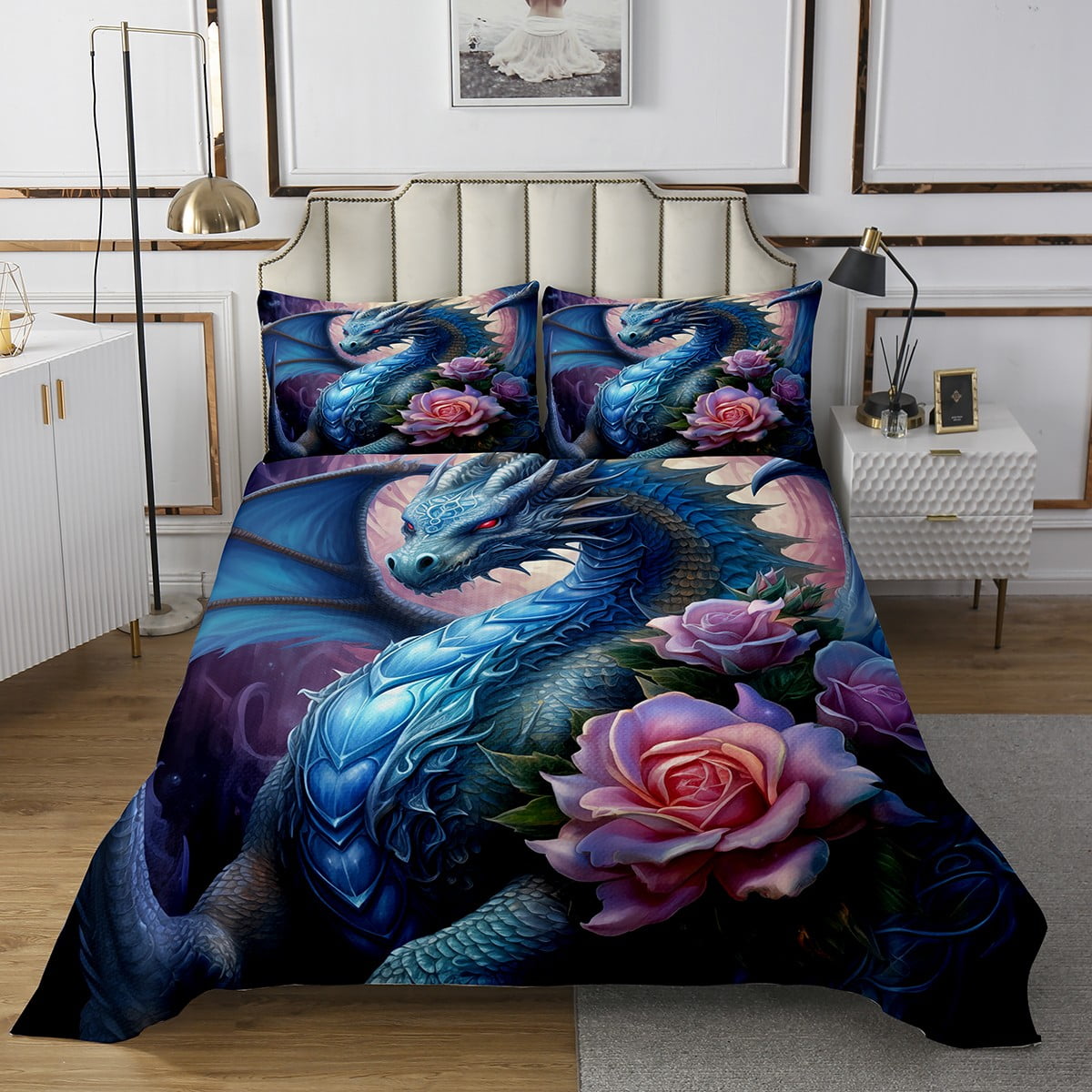 Teal Dragon Quilt Set Pink Rose Bedspread Set Queen,Jungle Animal ...