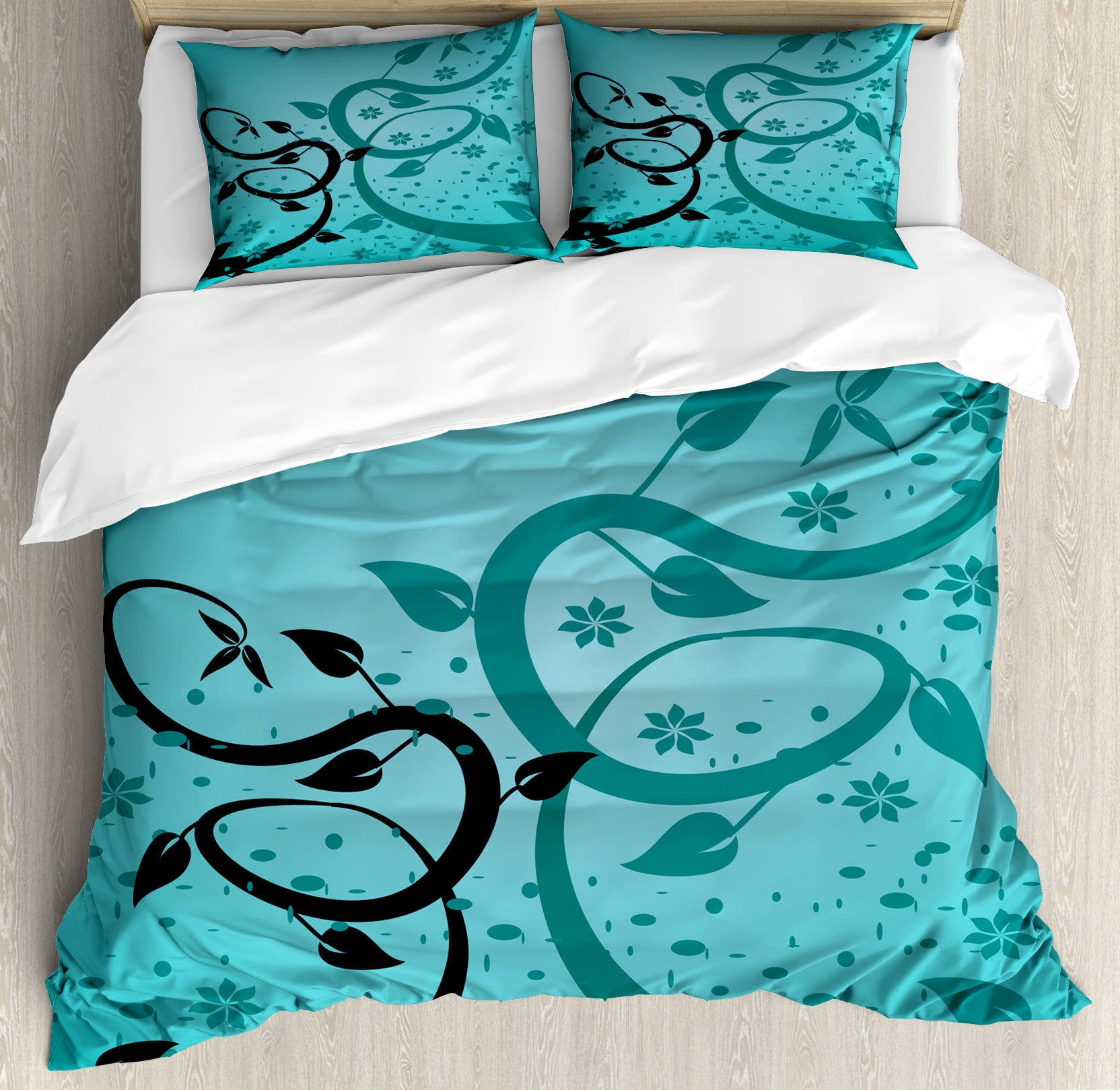 Teal Duvet Cover Set, Abstract Floral Arrangement Nature Winding ...
