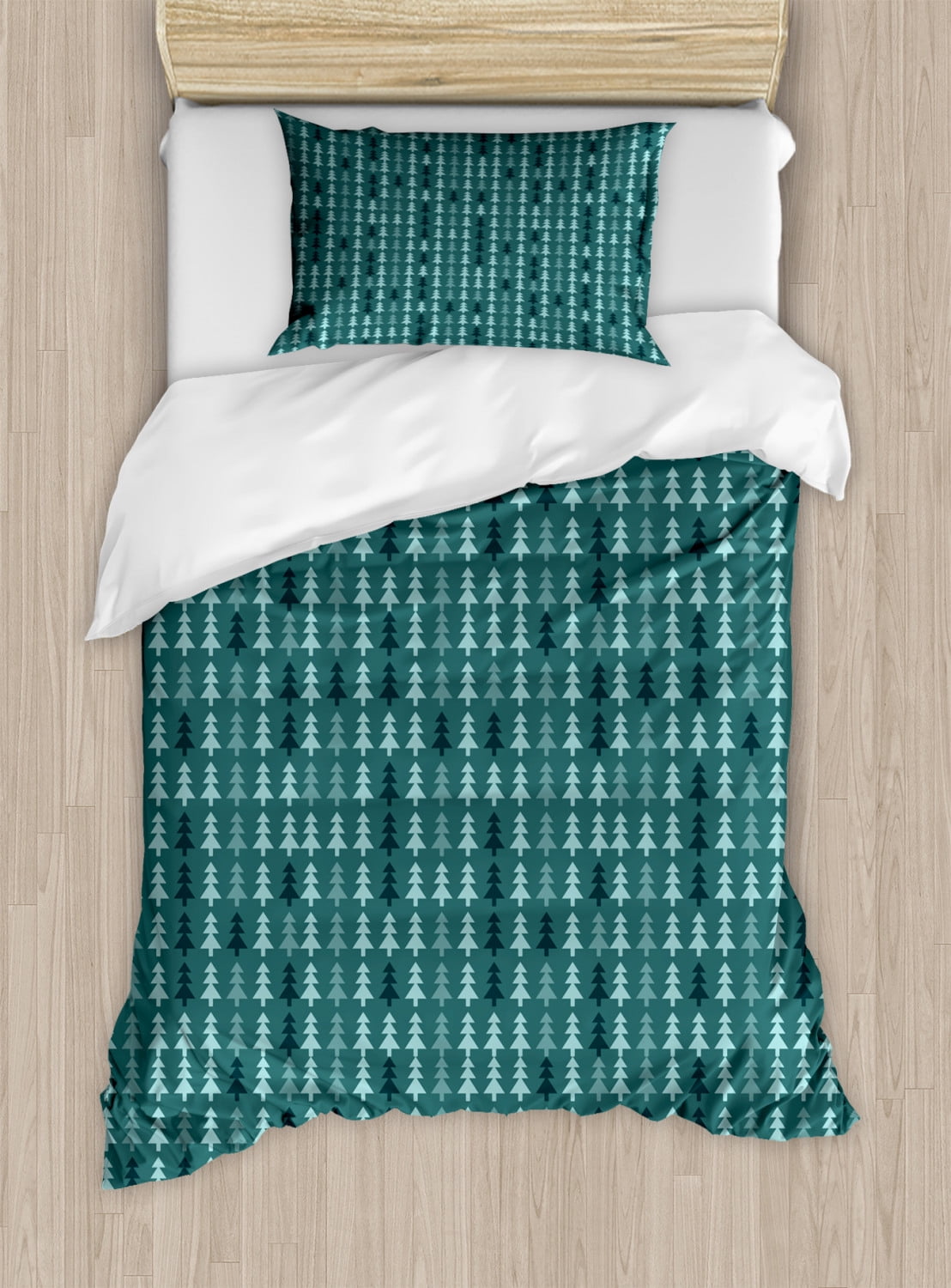 Teal Duvet Cover Set Twin Size, Abstract Pine Fir Tree Silhouettes ...