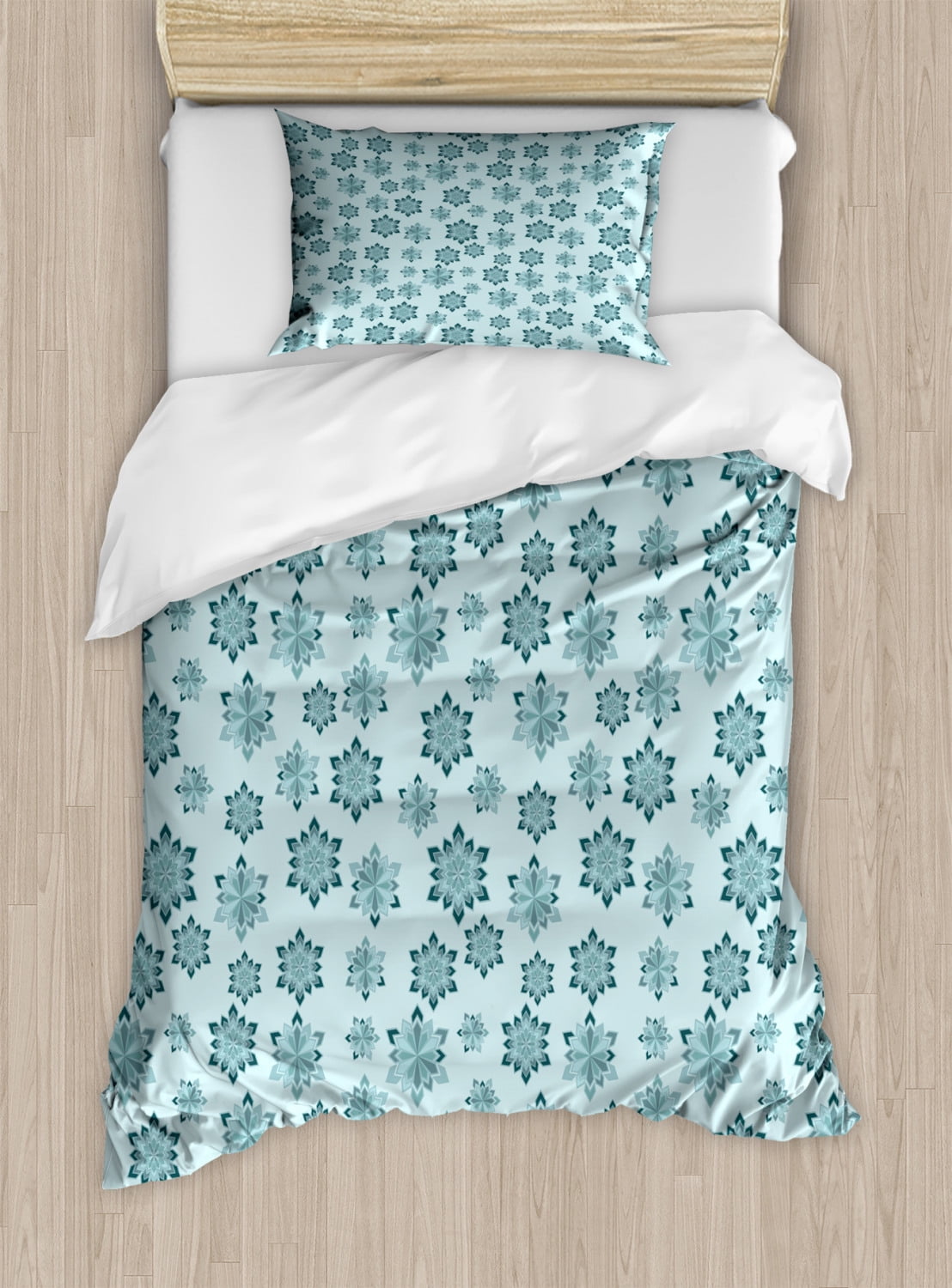 Teal Duvet Cover Set Twin Size, Wintertime Inspiration Ornate Abstract ...