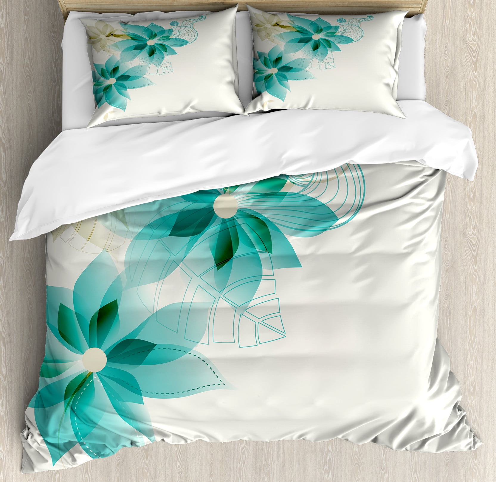 Teal Duvet Cover Set, Vintage Inspired Floral Design with Abstract ...