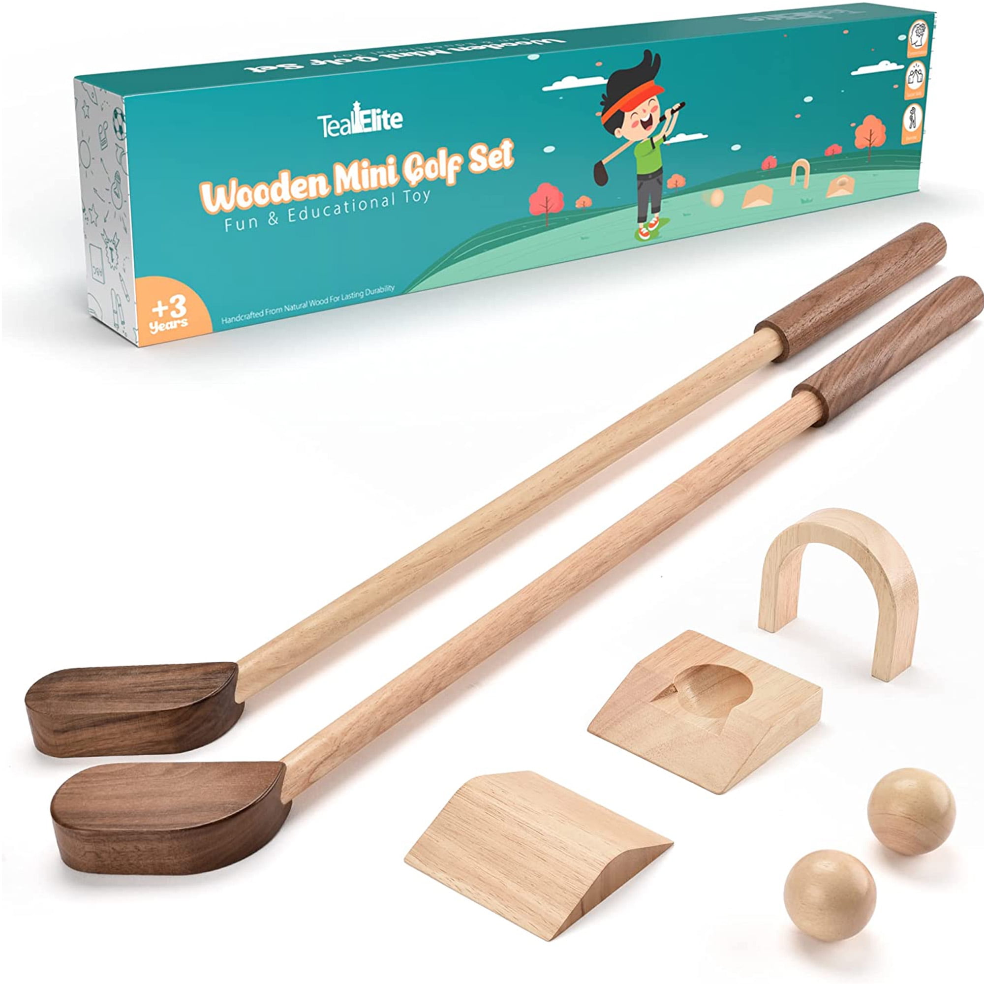 Teal Elite Children's Mini Golf Set, Natural Wood Clubs & Course Toys ...