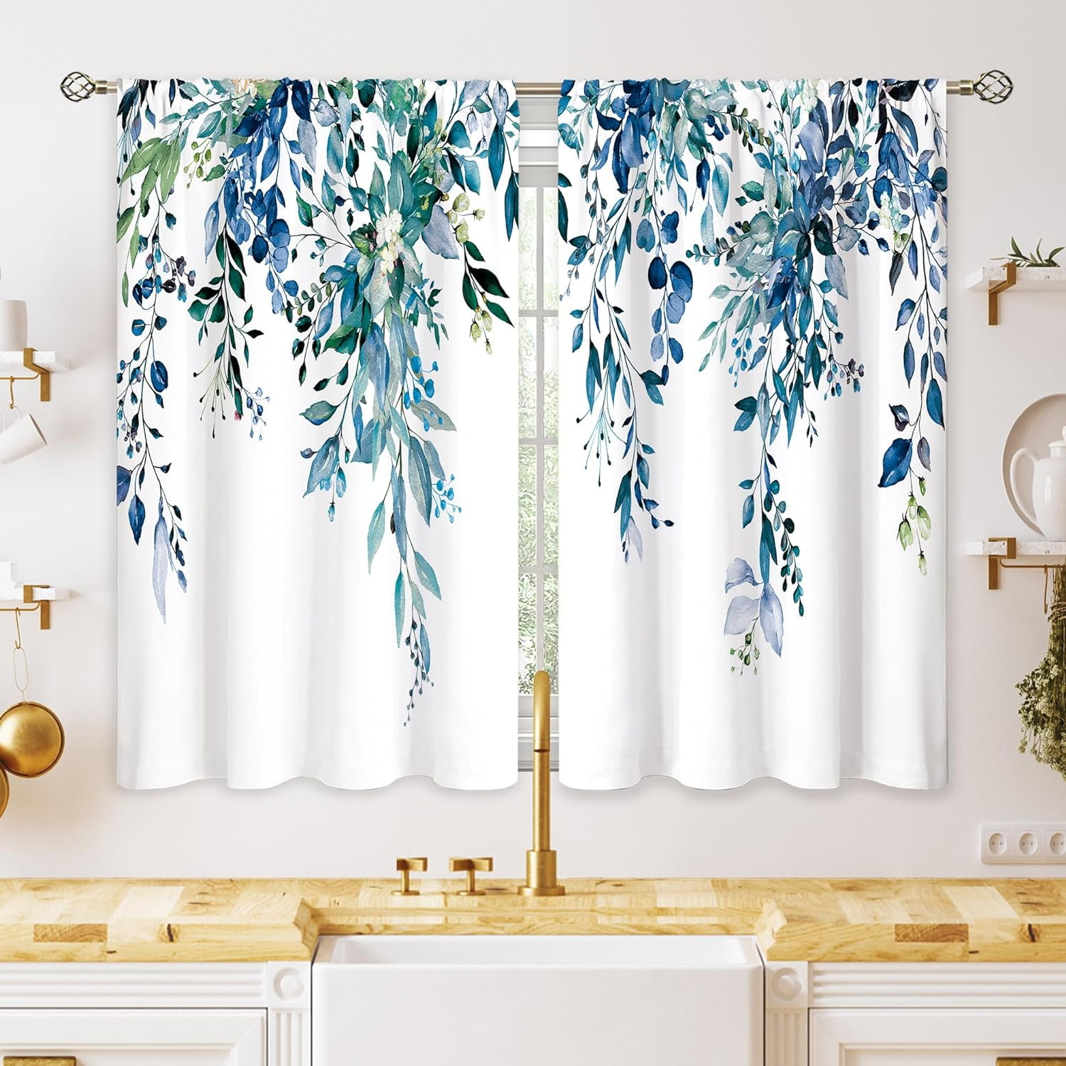 Teal Eucalyptus Botanical Leaves Floral Small Kitchen Curtains Blue ...