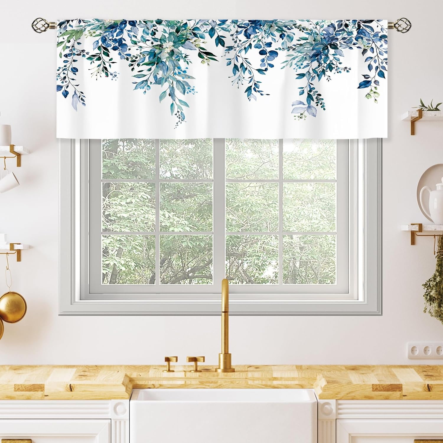 Teal Eucalyptus Botanical Leaves Valances Kitchen Curtains Flower ...