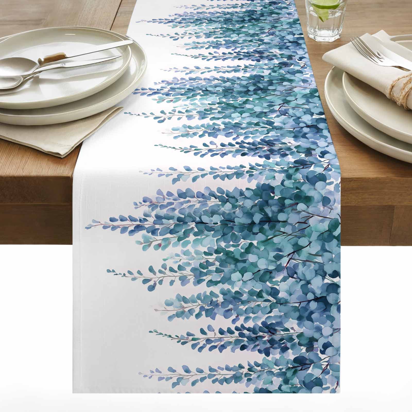 Teal Eucalyptus Leaf Cotton Linen Table Runner Spring Blending Vine ...