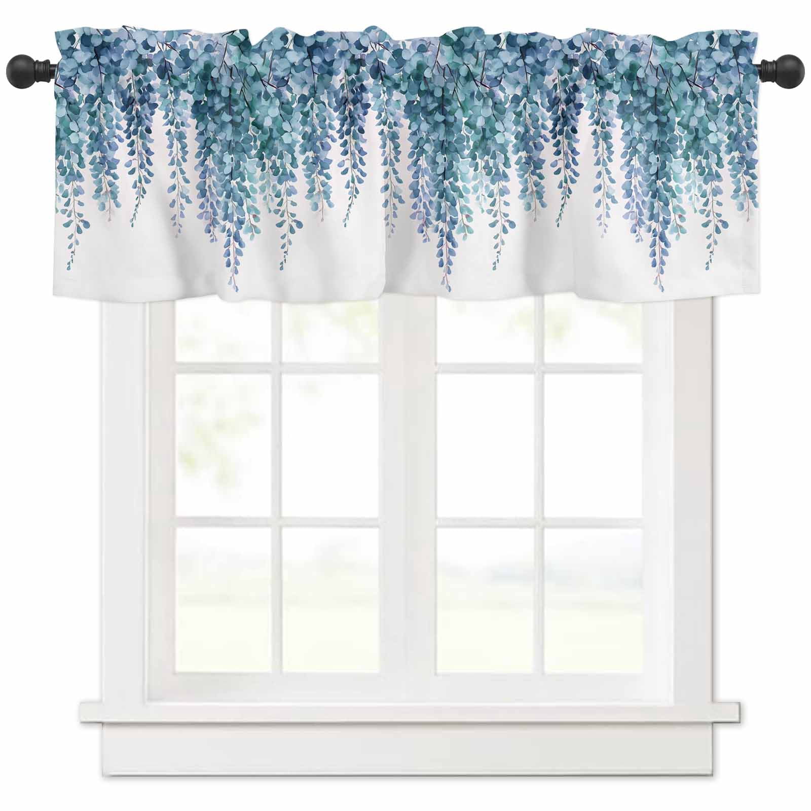 Teal Eucalyptus Leaf Valances for Windows Farmhouse Kitchen Curtains ...