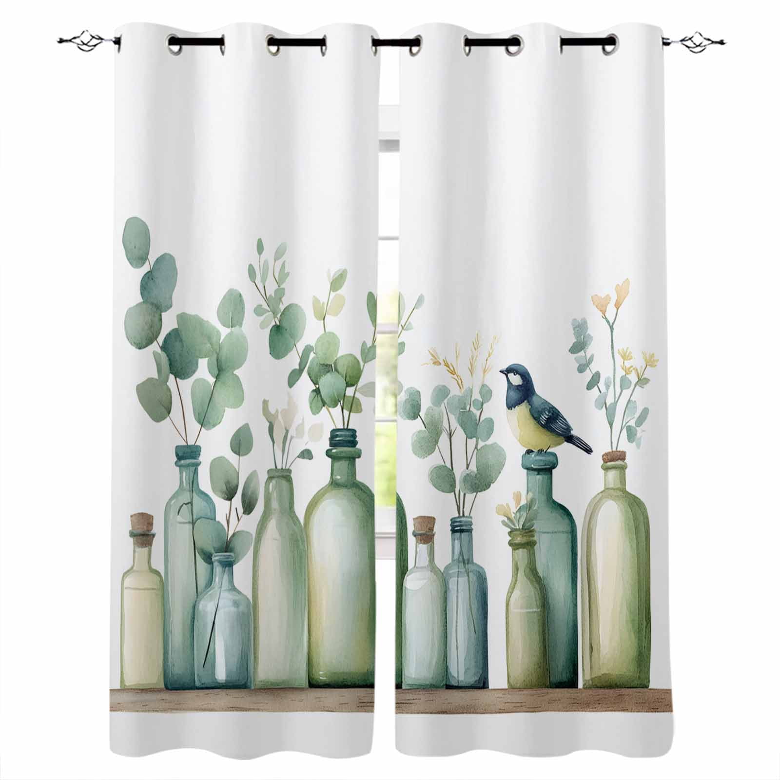 Teal Eucalyptus Leaves Blackout Curtains 63 Inches Long for Bedroom ...